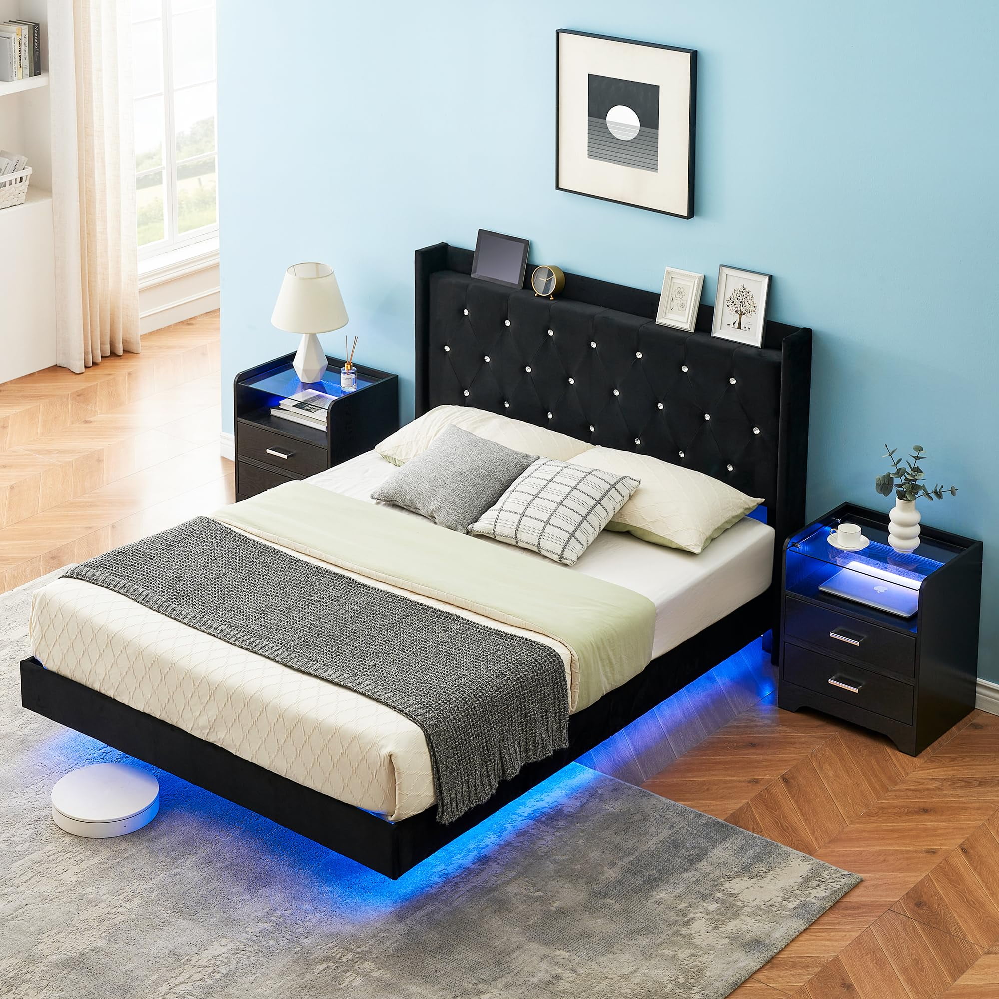 Studyset Full Size Floating Bed Frame with Platform Headboard, Queen ...