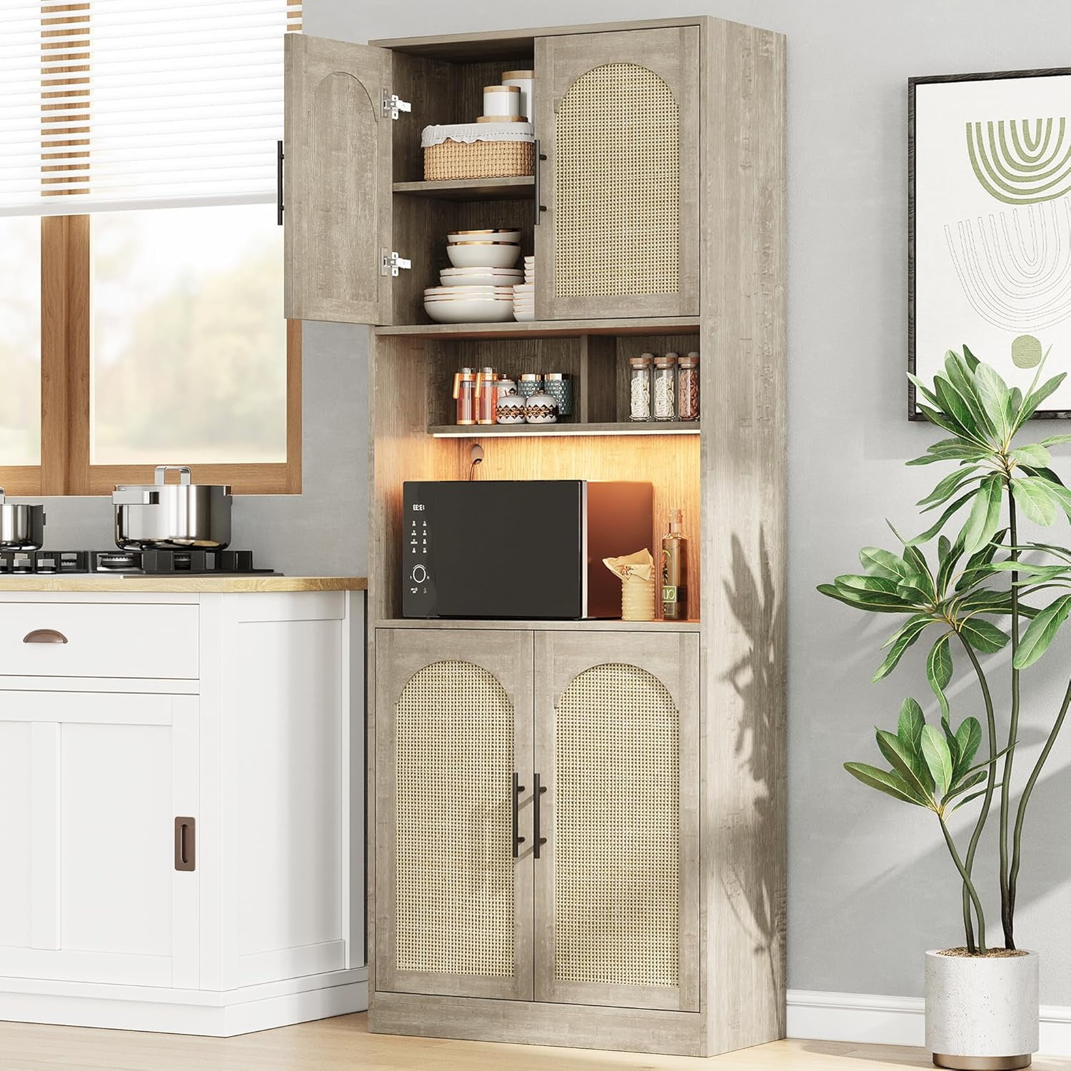 Studyset Kitchen Pantry Cabinet with RGB Light, Tall Kitchen Hutch Bar ...