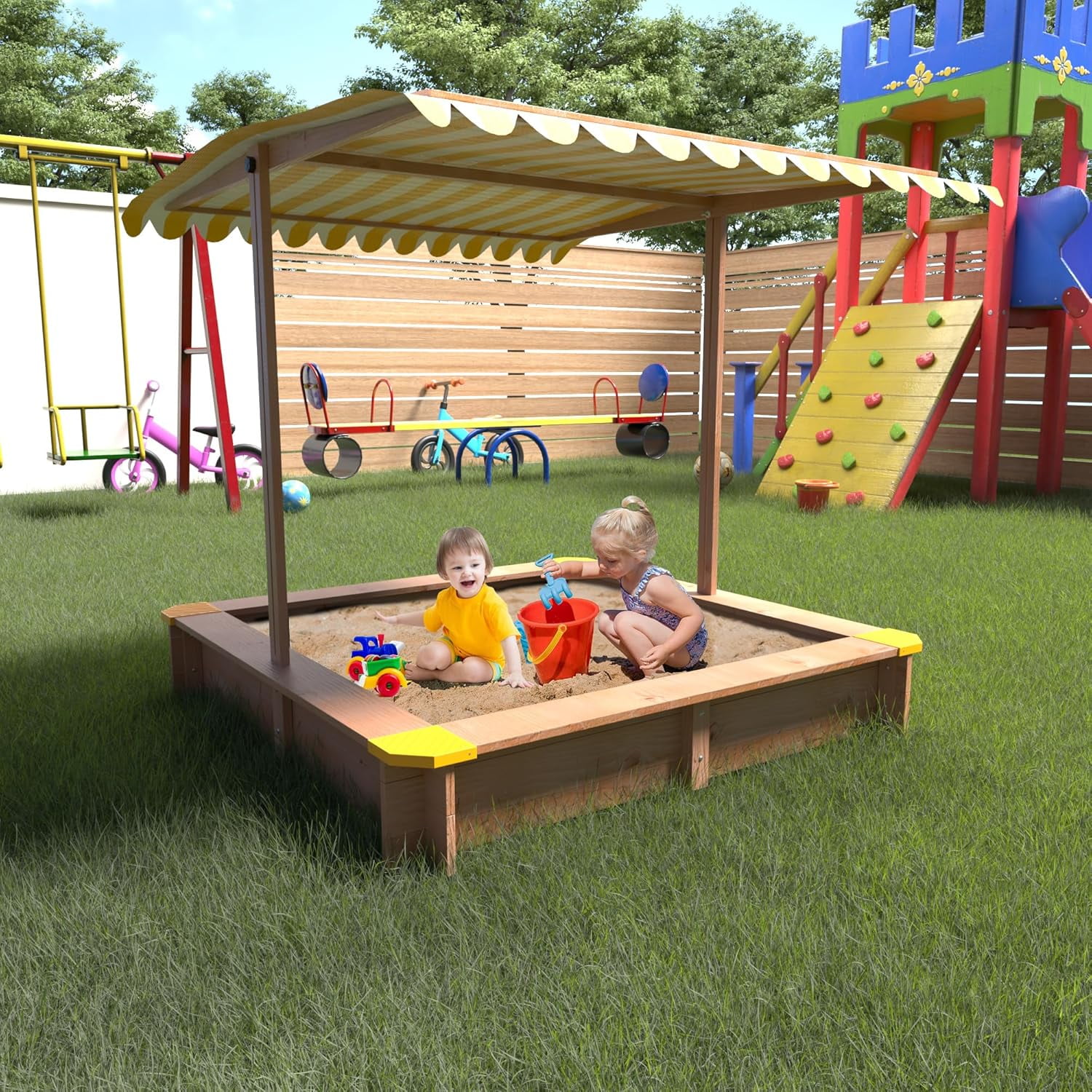 Studyset Outdoor Wooden Sandbox with Adjustable Canopy, Kids Wooden Sandbox with Canopy and ...