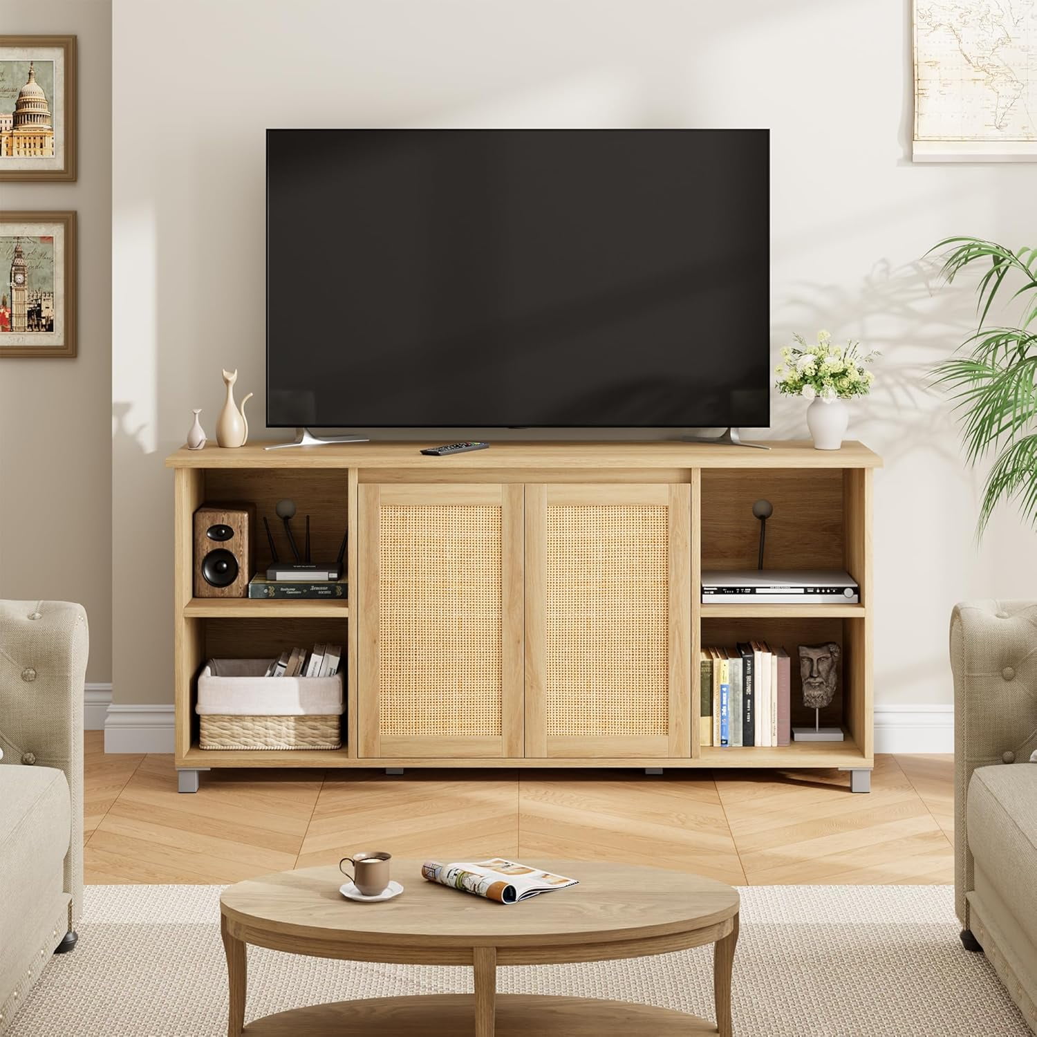 Studyset Rattan TV Stand for 70 Inch, Entertainment Center with Storage ...