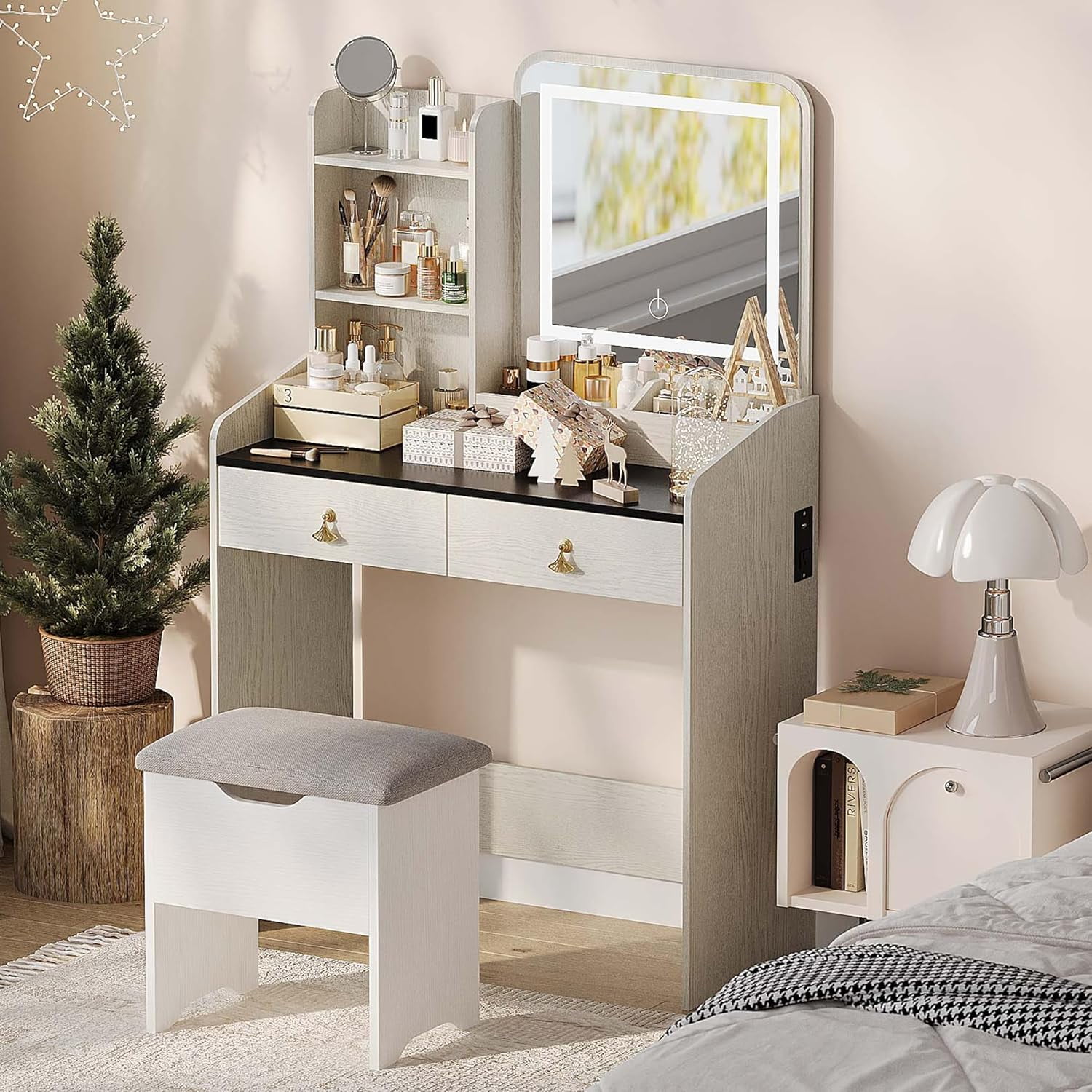 Studyset Vanity Desk with LED Light Mirror and Charging Station, Small ...