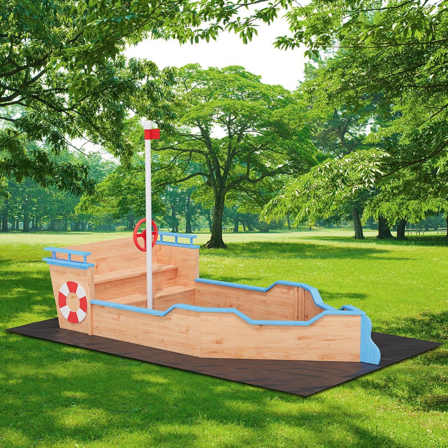 Studyset Wooden Sandbox for Kids Ages 4-8, Pirate Ship Outdoor Sand Pit ...