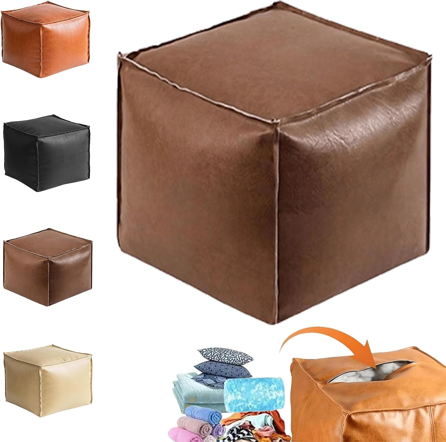 Stuffable Cushion Bag Leather，Oil Waxed Leather Ottoman Cushion ...
