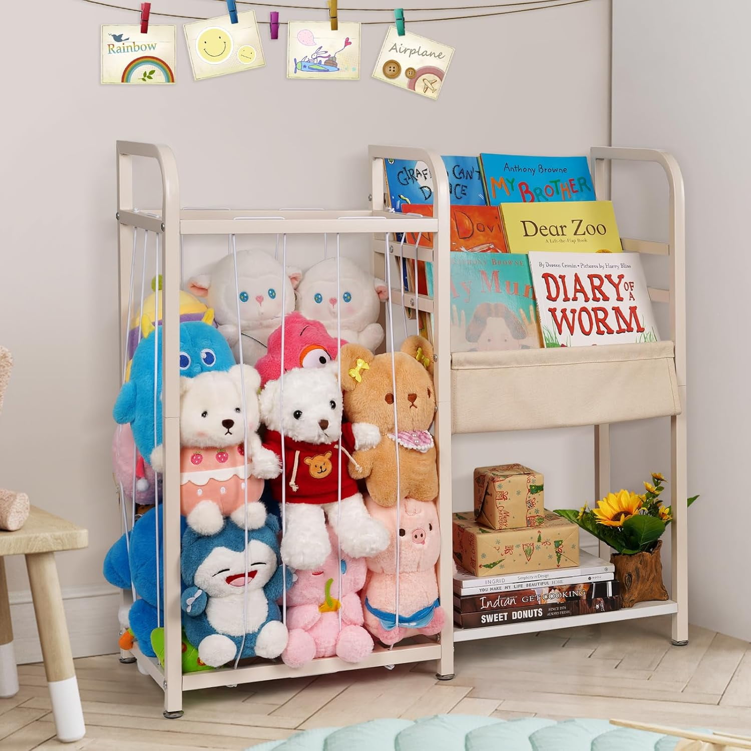 Stuffed Animal Storage with Kids Bookshelf Book and Toy Organizer for ...
