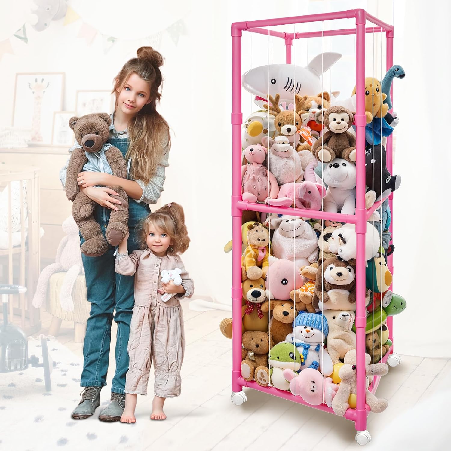 Stuffed Animal Storage Zoo with Wheels, Pink Large Stuff Animals ...