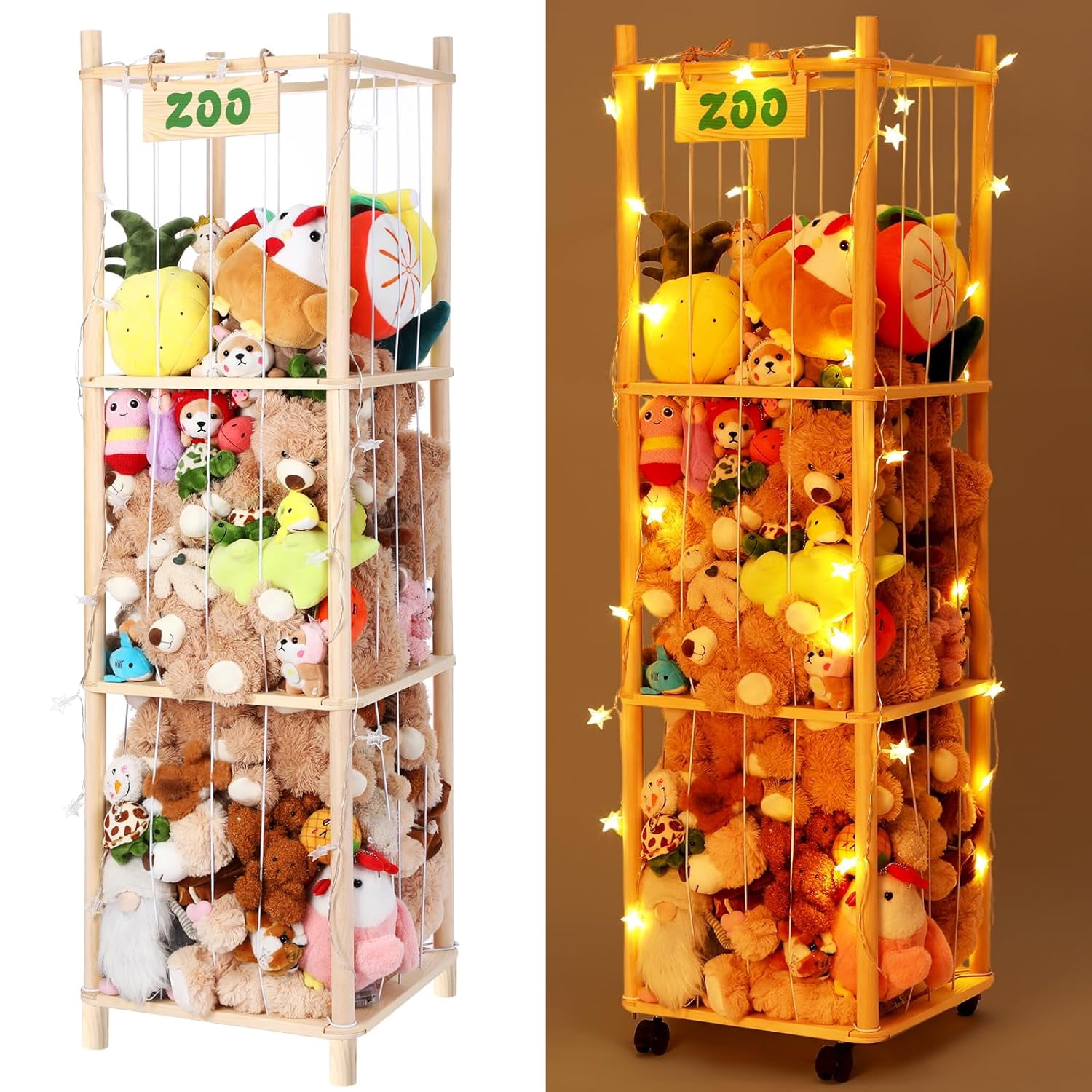 Stuffed Animal Zoo Storage with USB Star String Lights Wood Soft Cage ...