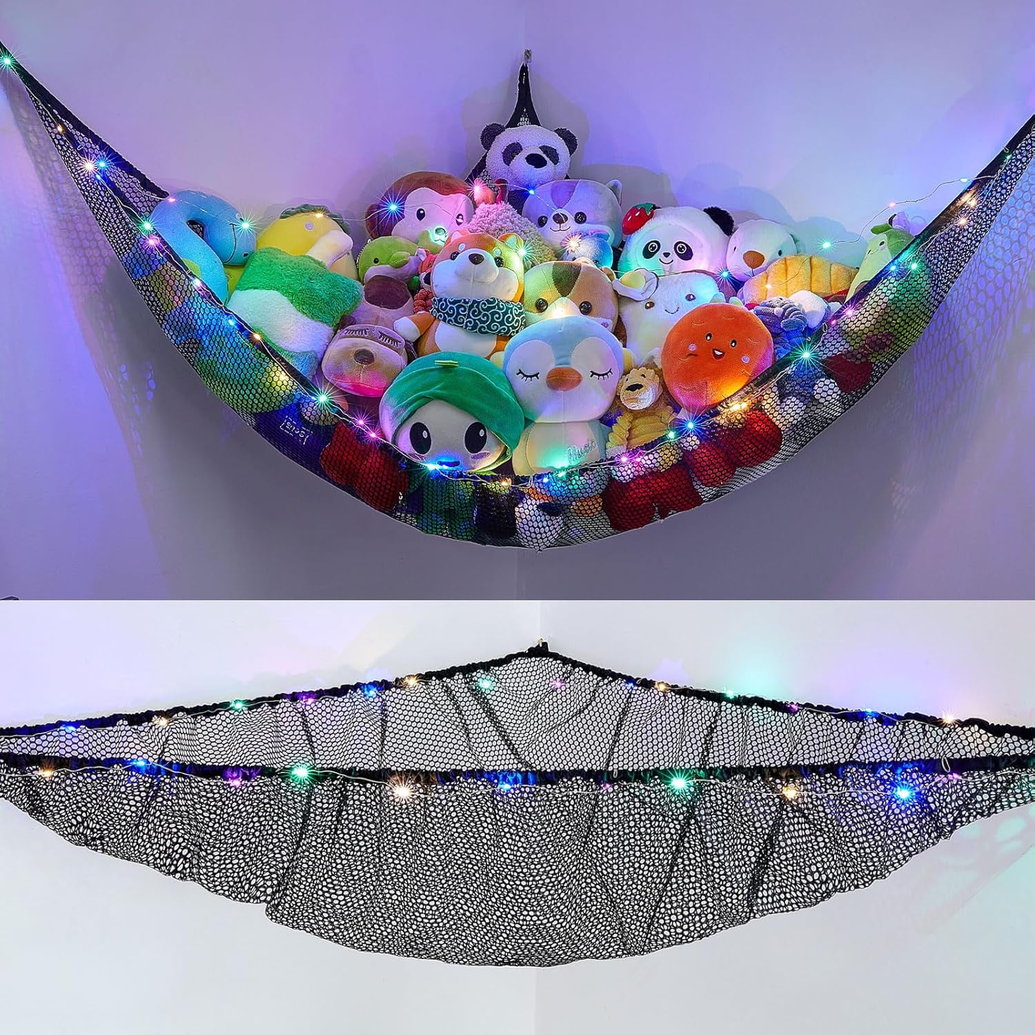 Stuffed Animals Net or Hammock Kids Toy Storage Organizer with LED Light Hanging Corner Stuffed ...