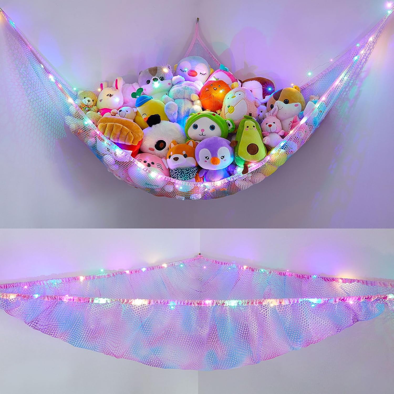 Stuffed Animals Net or Hammock Kids Toy Storage Organizer with LED Light Hanging Corner Stuffed ...