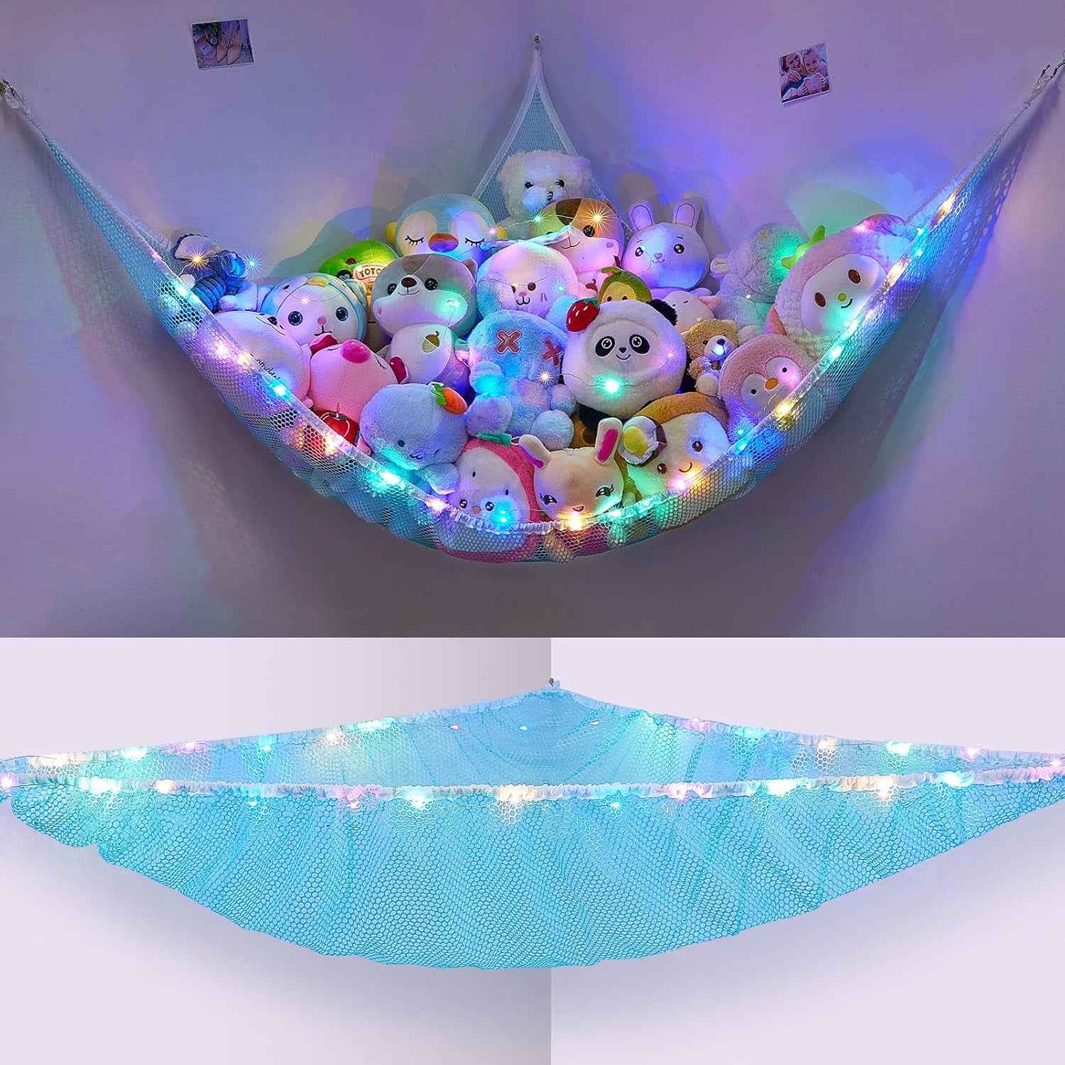 Stuffed Animals Net or Hammock Kids Toy Storage Organizer with LED Light Hanging Corner Stuffed ...