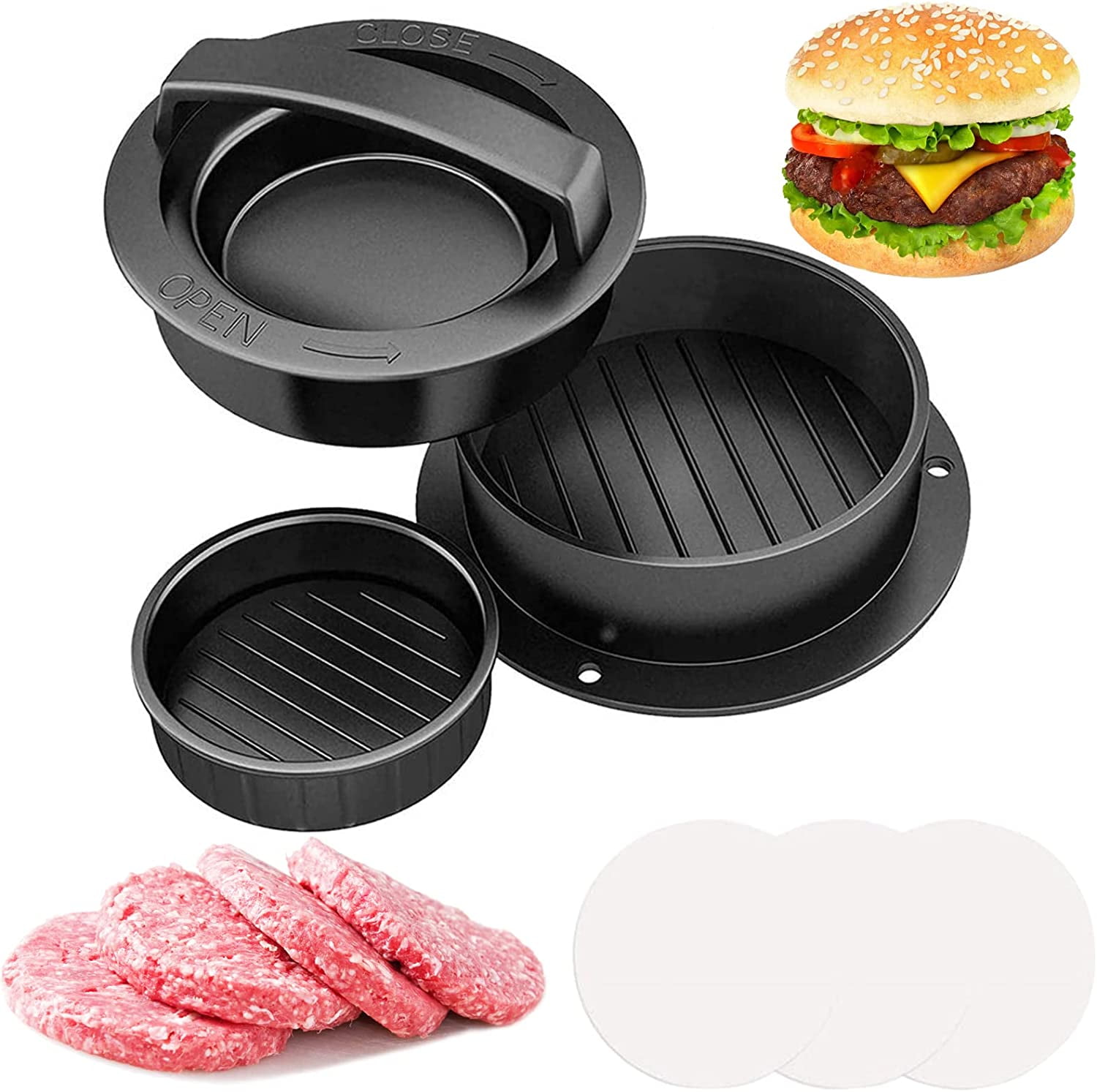 Stuffed Burger Press, 3-in-1 Hamburger Press Patty Maker, Non-stick ...