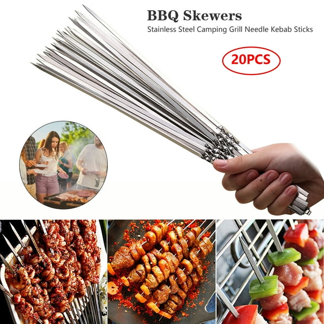 Stuffygreenus Skewers (Set of 20), Stainless Steel BBQ Barbecue Skewers Set - 13.8inch Flat ...