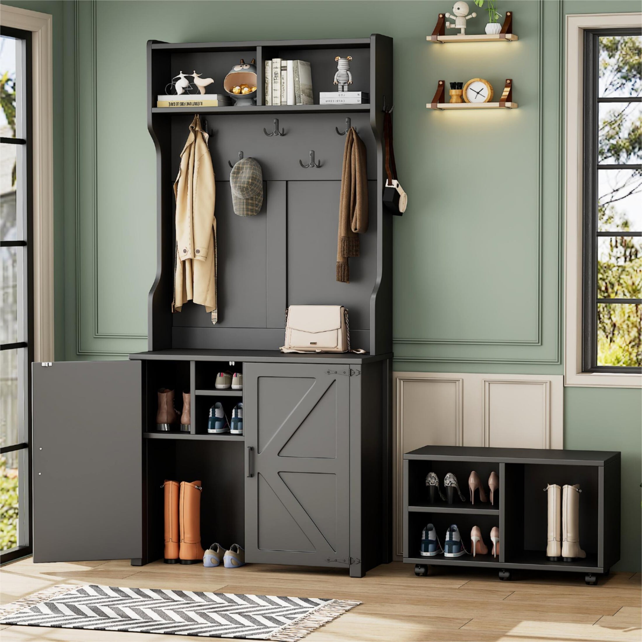Stufurhome 76.9"H 4-in-1 Hall Tree with Barn Doors, Movable Bench with ...