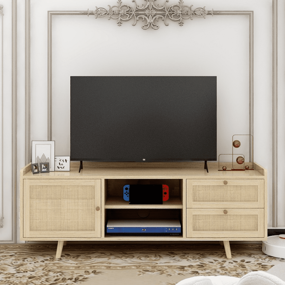 Stufurhome Farmhouse Rattan TV Stand for 75 inch TV,Wood TV Console ...