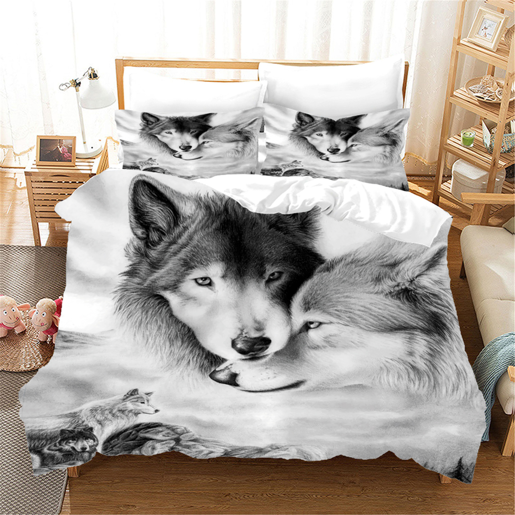 Stunning 3-Piece Grayscale Wolf Duvet Cover Set - Realistic Design with ...