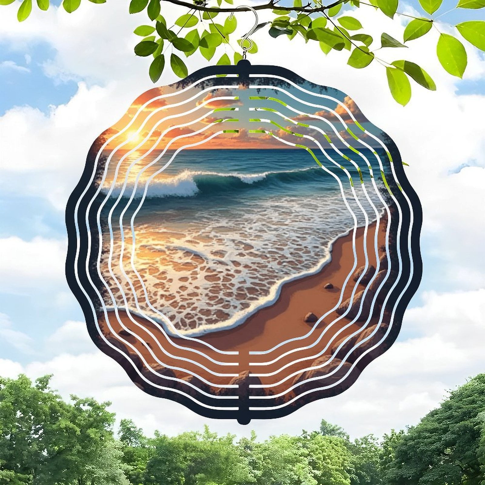 Stunning 3D Metal Hanging Wind Spinner - Circular Beach Scene Design ...