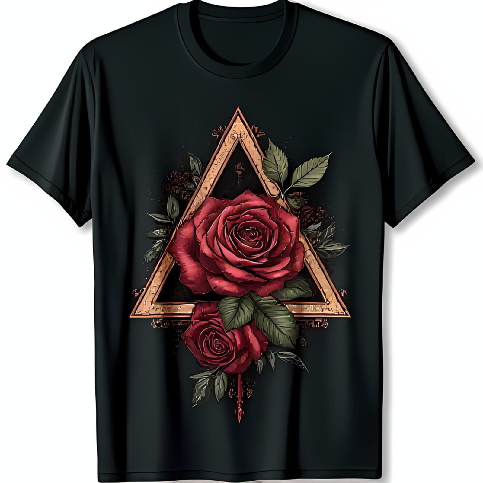 Stunning Black T-Shirt with Intricate Red Rose Graphic in Golden ...