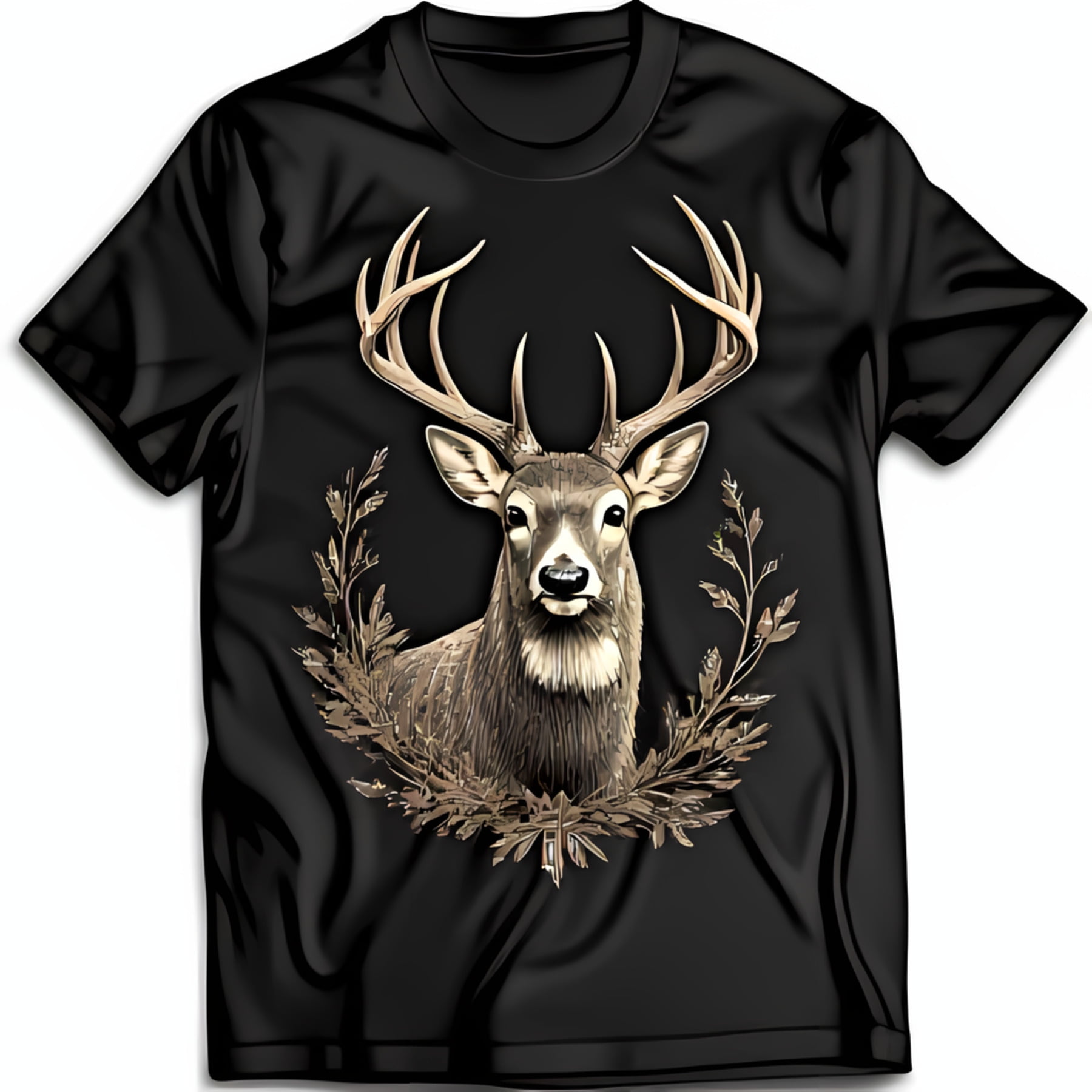 Stunning Black T-Shirt with Photorealistic Whitetail Graphic & Leafy ...