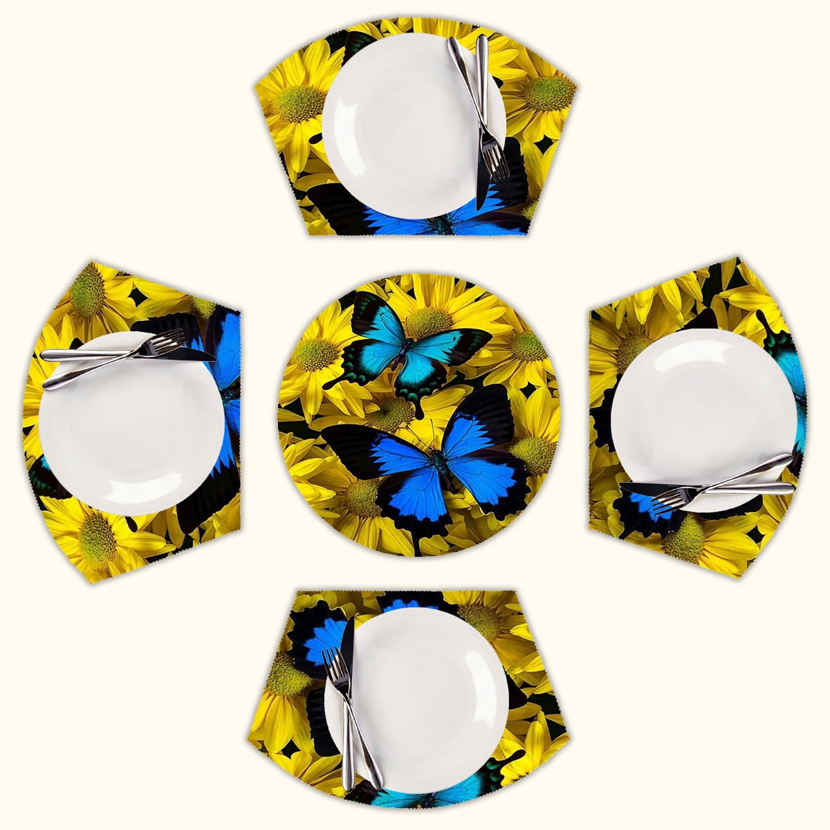 Stunning Blue Butterfly On Sunflowers Round Table Placemats Set Of 5 ...