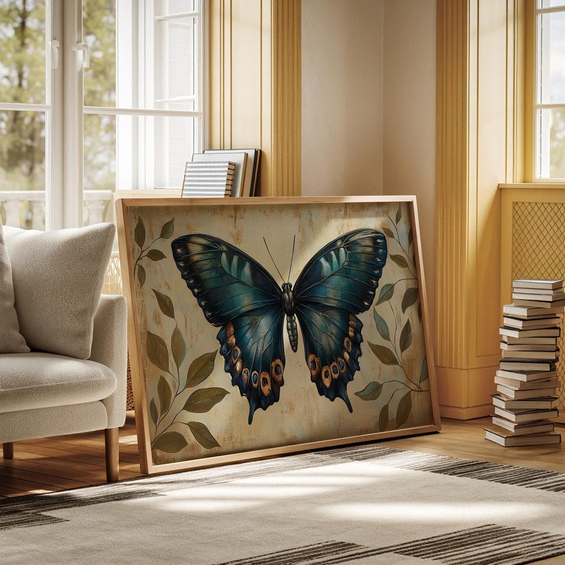 Stunning Blue Butterfly Wall Art With Rustic Botanical Design – Perfect ...