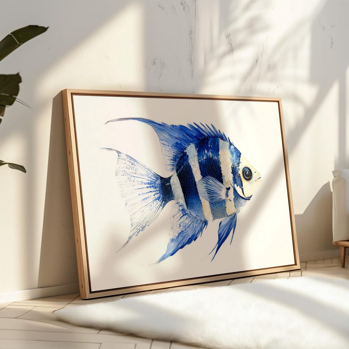 Stunning Blue Striped Angel Fish Watercolor Art, Tropical Marine Life ...