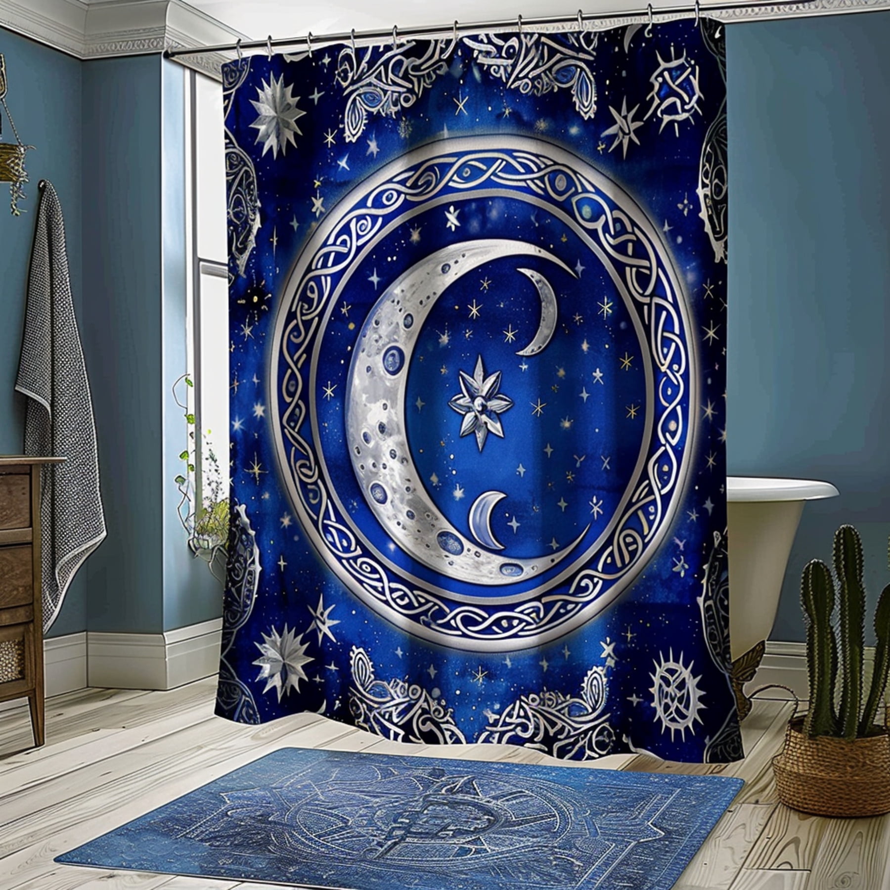 Stunning Blue & White Moon Design on Intricate Celestial Pattern ...
