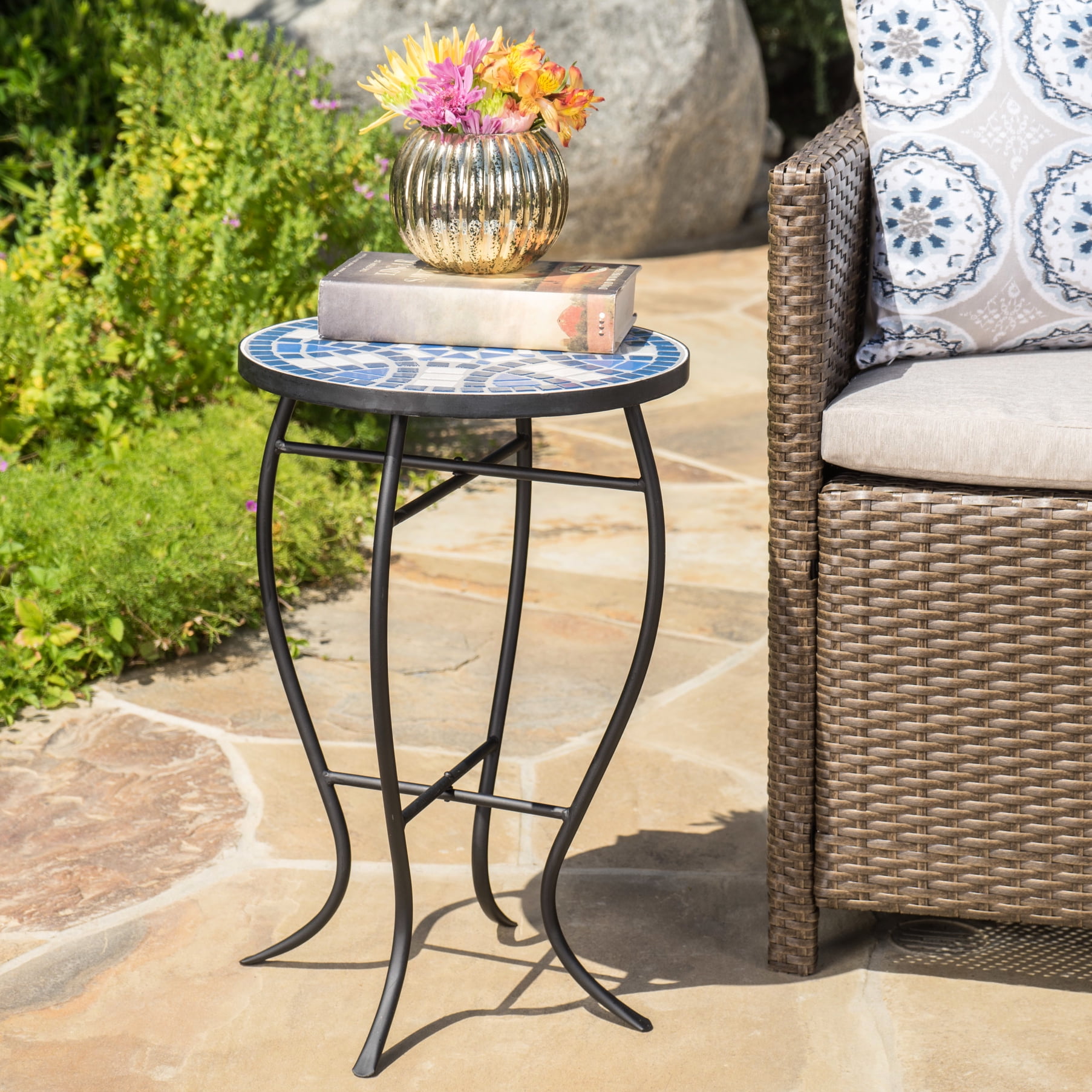 Stunning Ceramic Tile Side Table For Outdoor: Blue And White With Iron ...