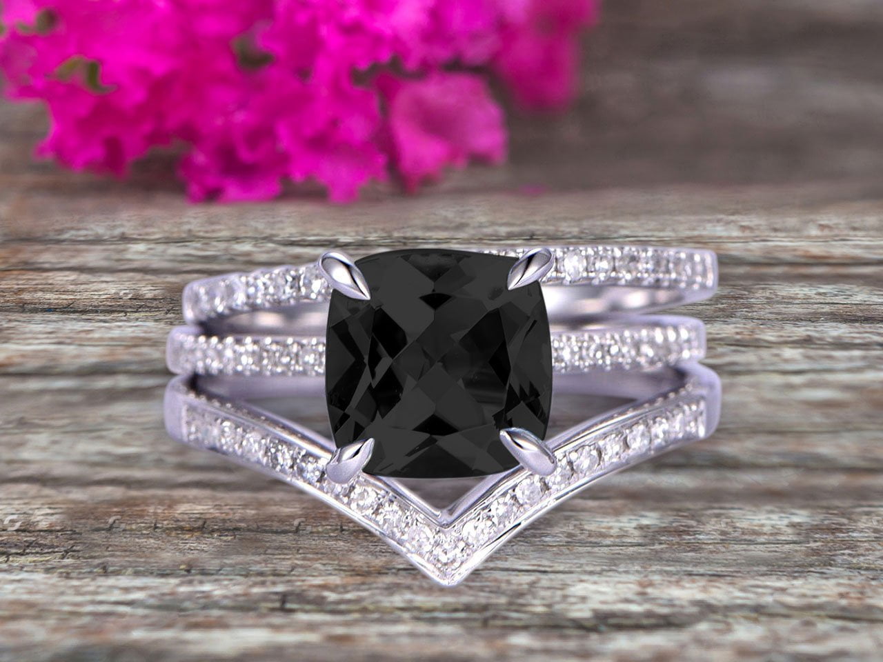 Stunning Cushion Cut Black Diamond Moissanite Engagement Ring On 10k ...