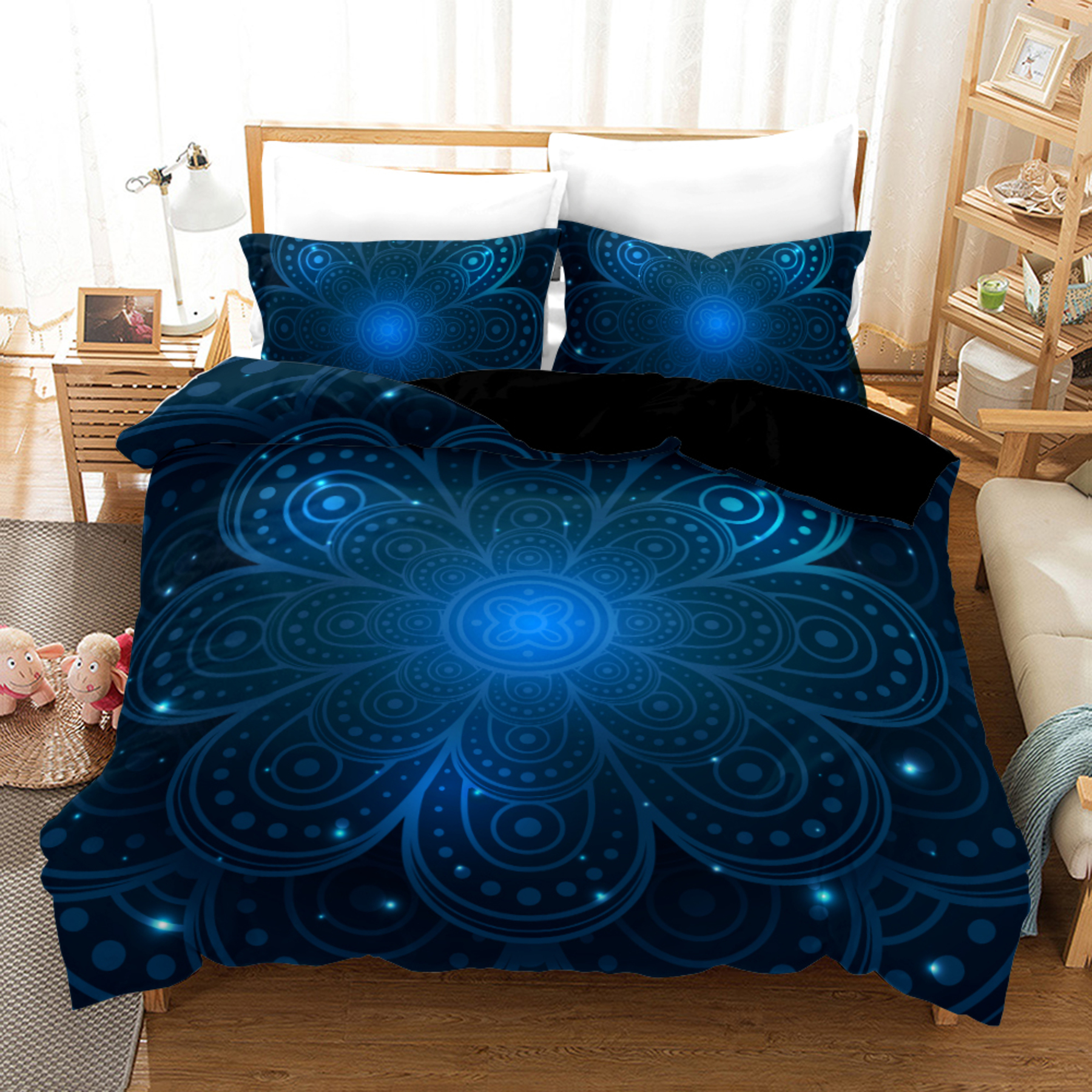 Stunning Dark Blue & Black Bedding Set with Sparkling Lights - Elegant ...