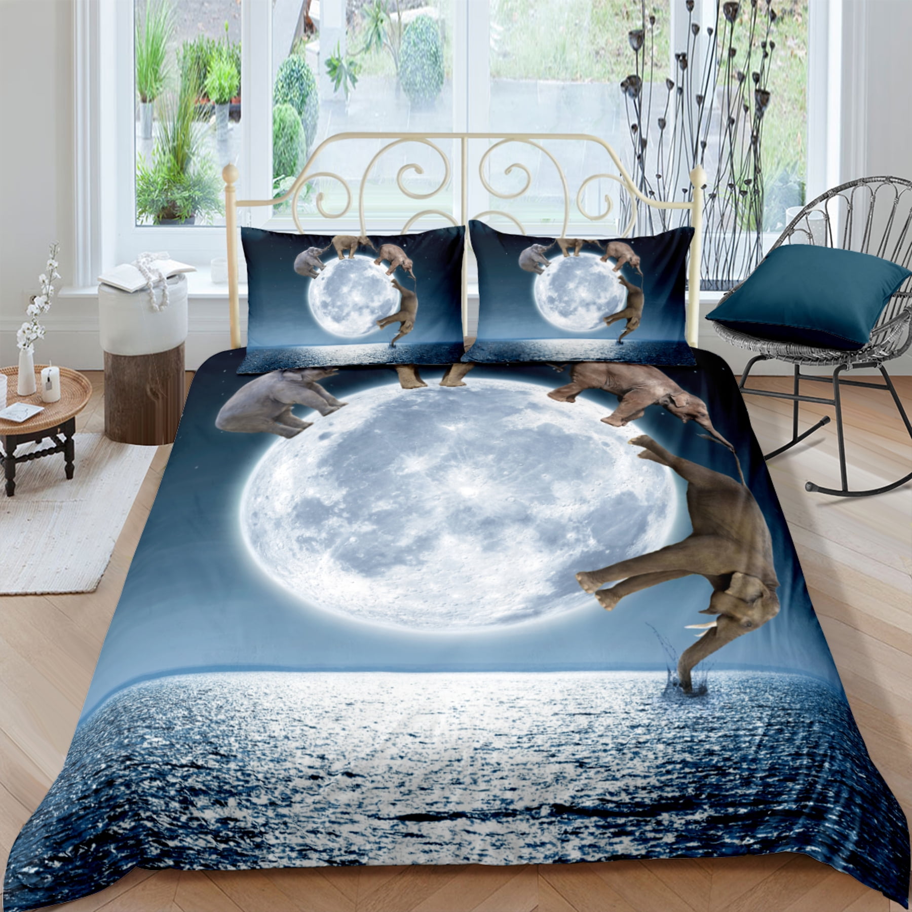 Stunning Elephant Nighttime Duvet Set Full Moon & Ocean Scene Unique ...