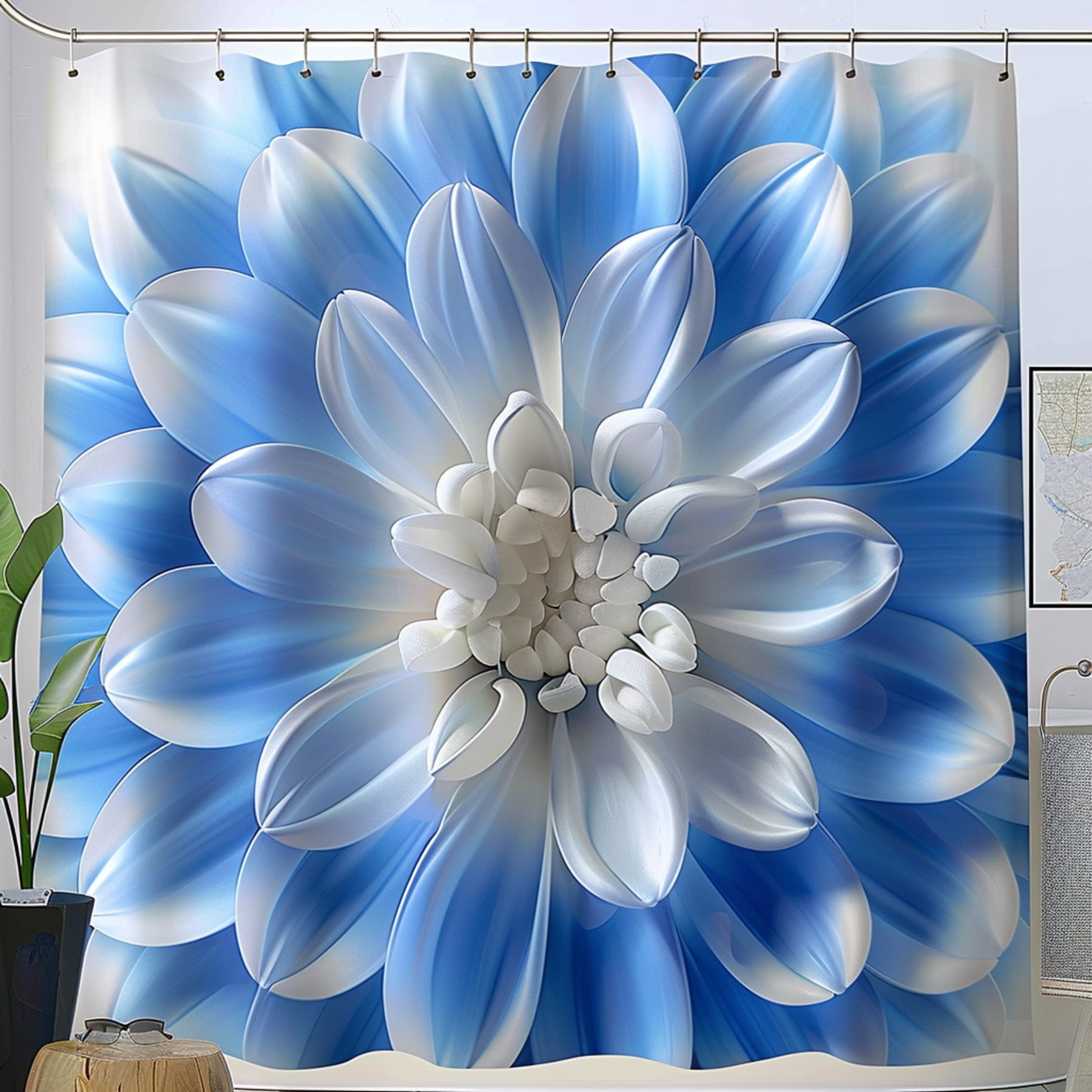 Stunning Floral Shower Curtain Elegant Blue Chrysanthemum Design