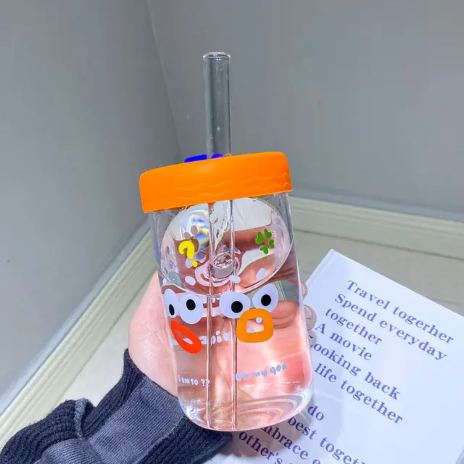 Stunning Gorgeous Beautiful Adorable Kawaii Cute 550ml Glass Cup With Lid And Straw Perfect