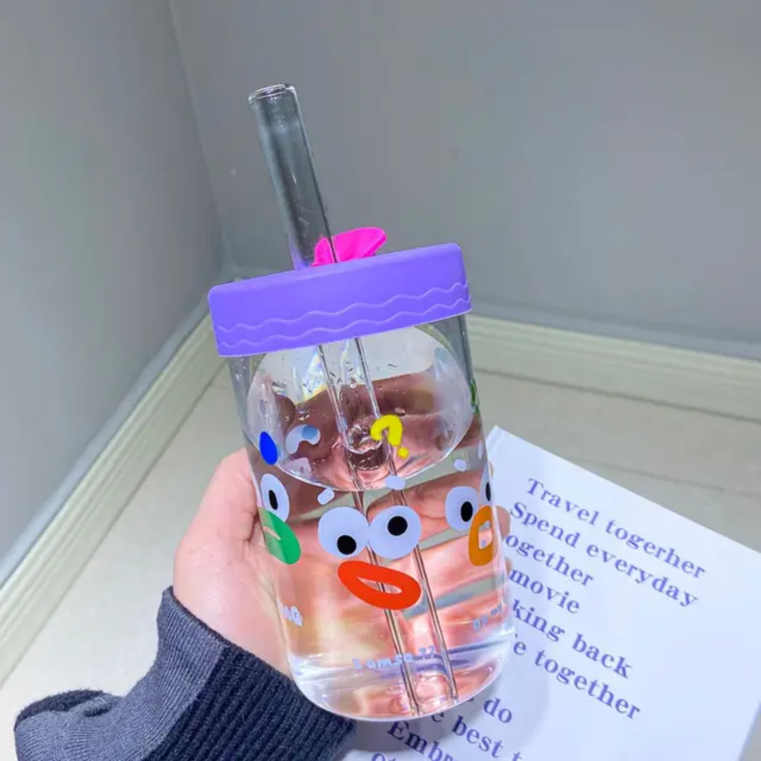 Stunning Gorgeous Beautiful Adorable Kawaii Cute 550ml Glass Cup With Lid And Straw Perfect