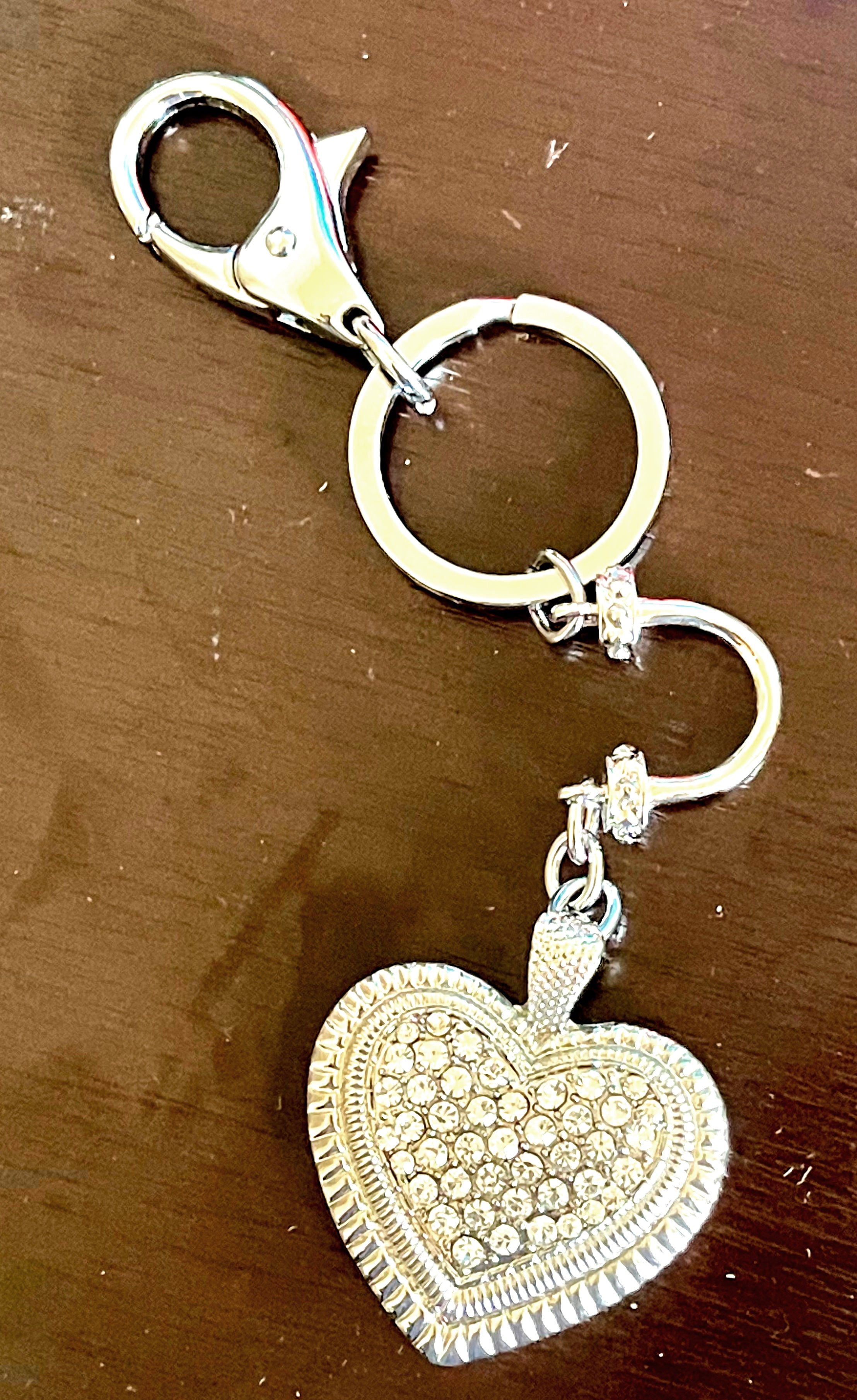 Stunning Heart with Crystals Key Chain Ring Big Lobster Clasp to Attach ...