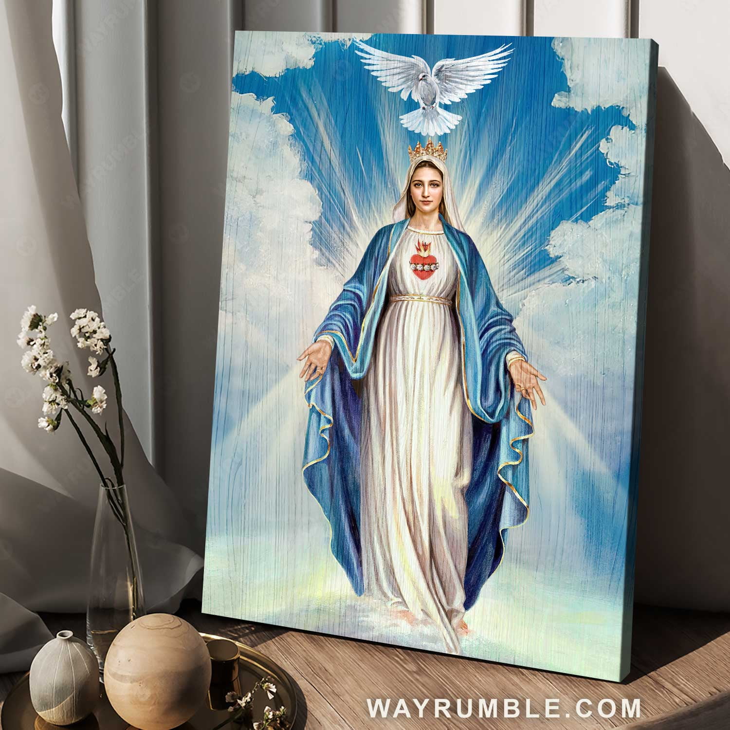 Stunning Maria painting, Blue heaven, White dove symbol - Jesus ...