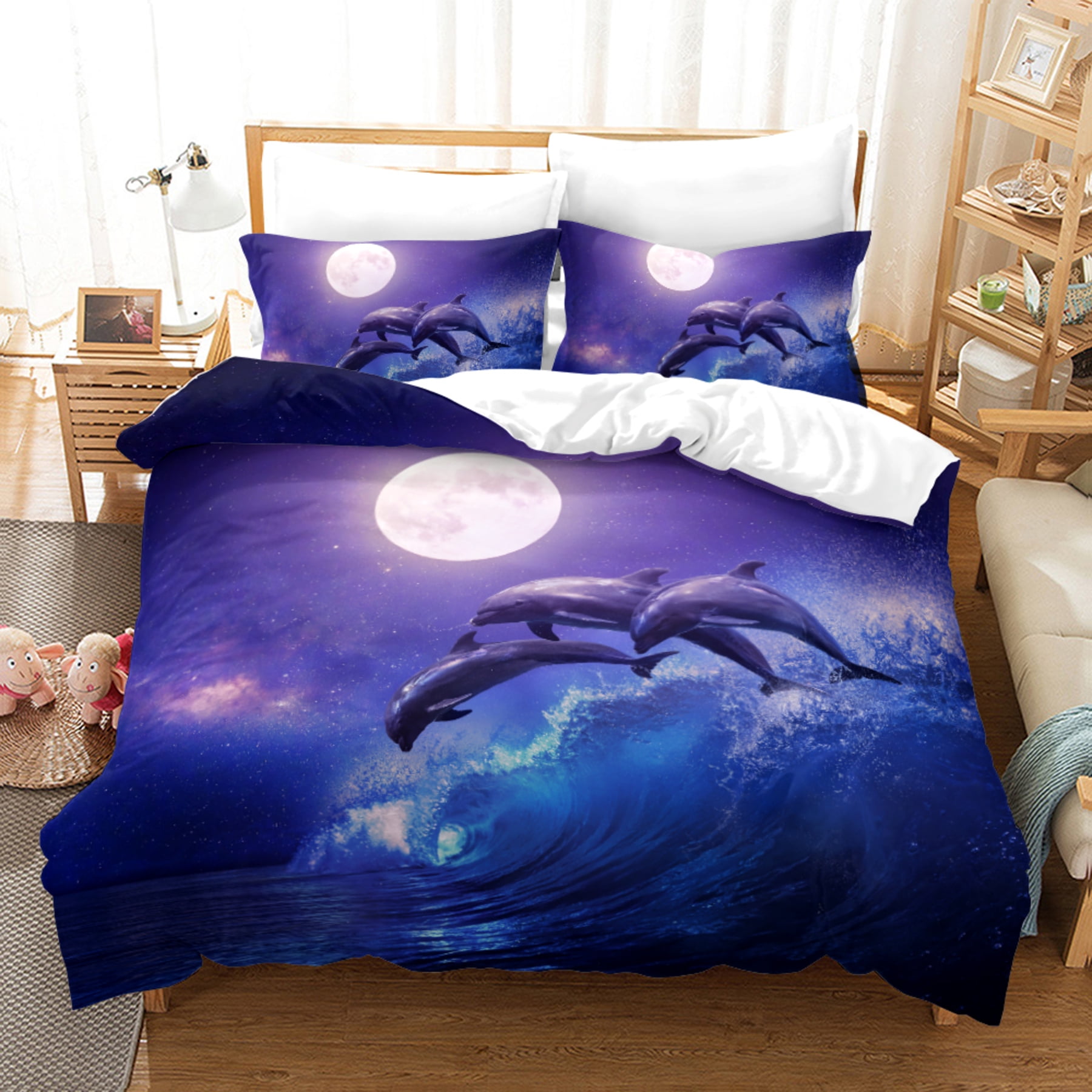 Stunning Nighttime Ocean Duvet Cover Set with Dolphins & Full Moon ...
