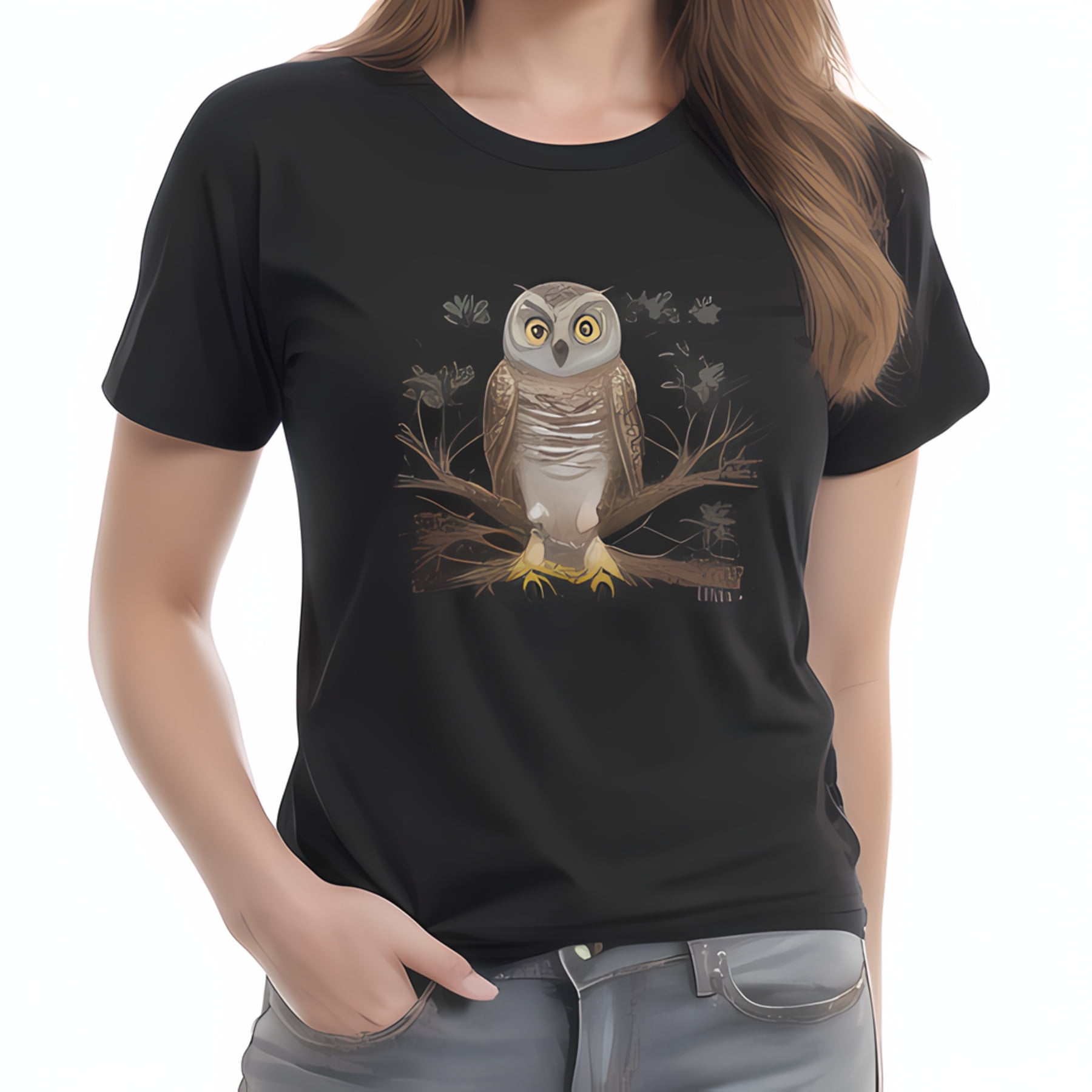 Stunning Owl Illustration Black T-Shirt Detailed Cartoon Art Front View ...