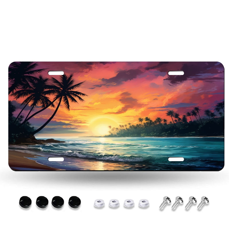 Stunning Sunset on The Beach with Palm Trees and Waves License Plate ...