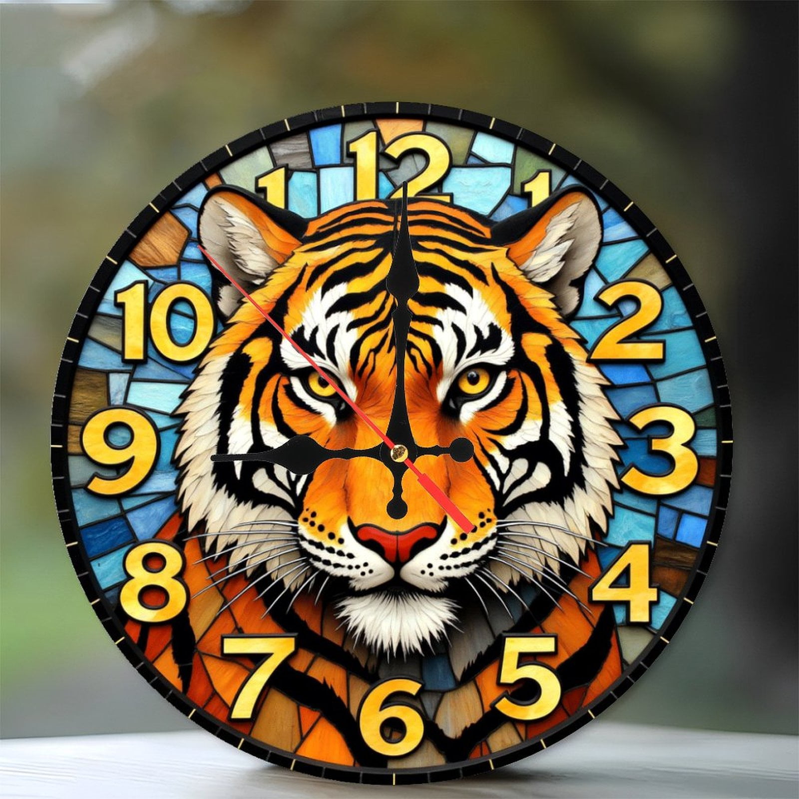 Stunning Tiger Mosaic Wall Clock Art Decor 10-Inch Silent Wooden Wall ...