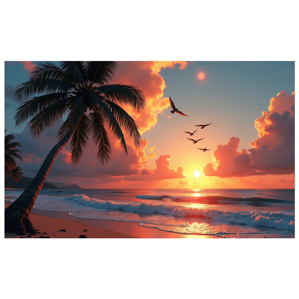 Stunning Tropical Beach Sunset Banner with Palm Tree and Flying Birds ...