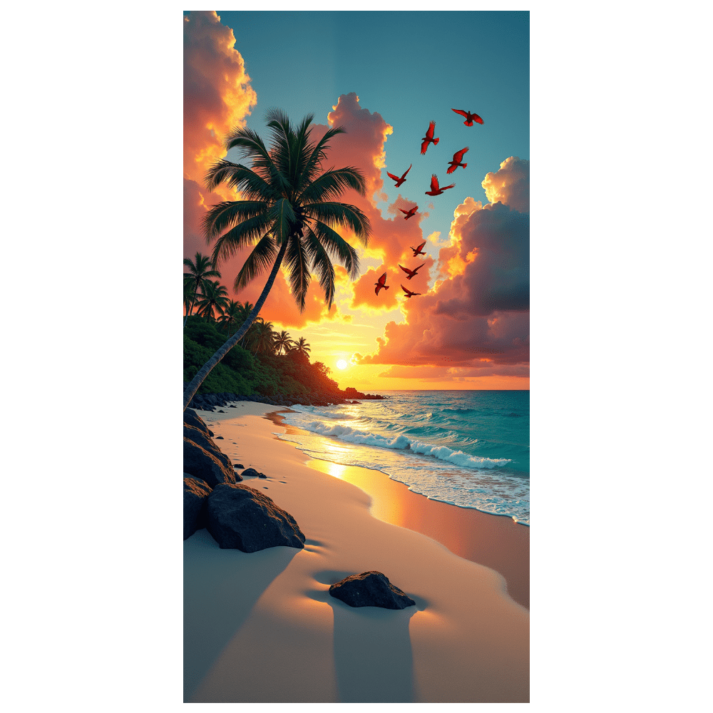 Stunning Tropical Beach Sunset Banner with Palm Tree and Flying Birds ...