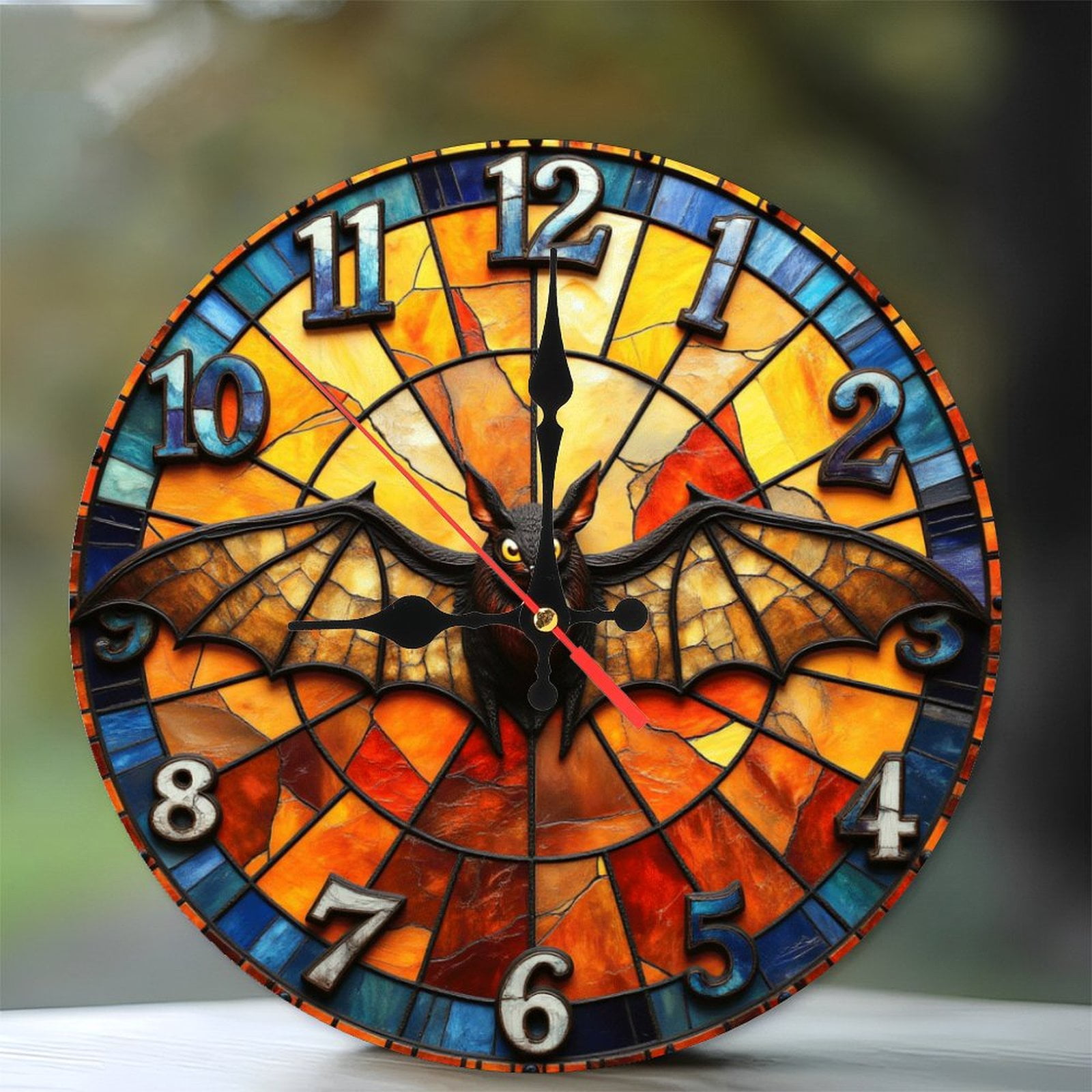 Stunning Wall Clock with Bat Design And Colorful Glass 10-Inch Silent ...