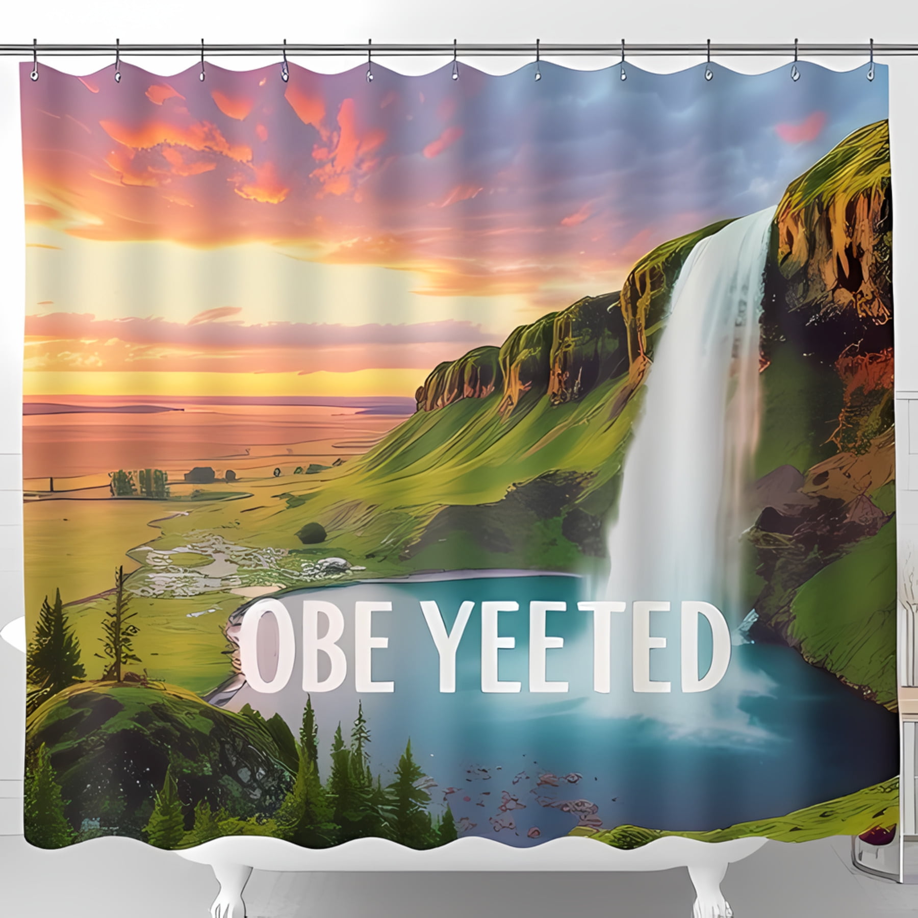 Stunning Waterfall Shower Curtain - Green Hills & Vibrant Sunset Sky ...