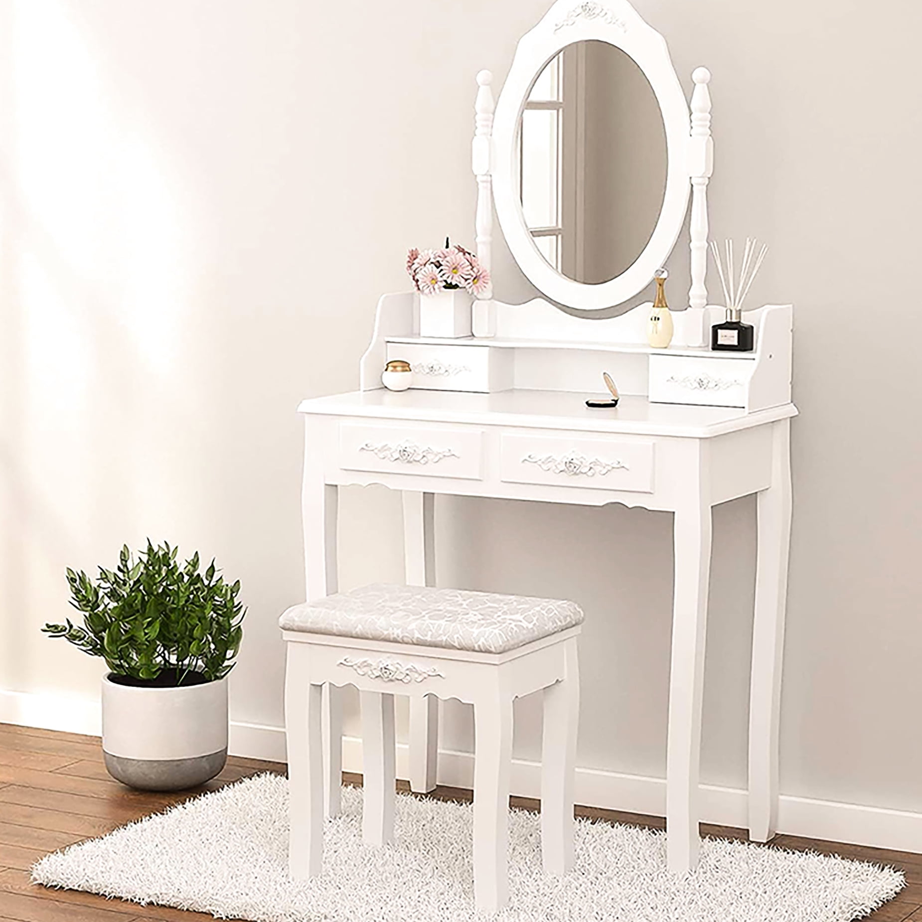 Stunning White Dressing Table With 4 Compartment, Cushioned Stool And ...