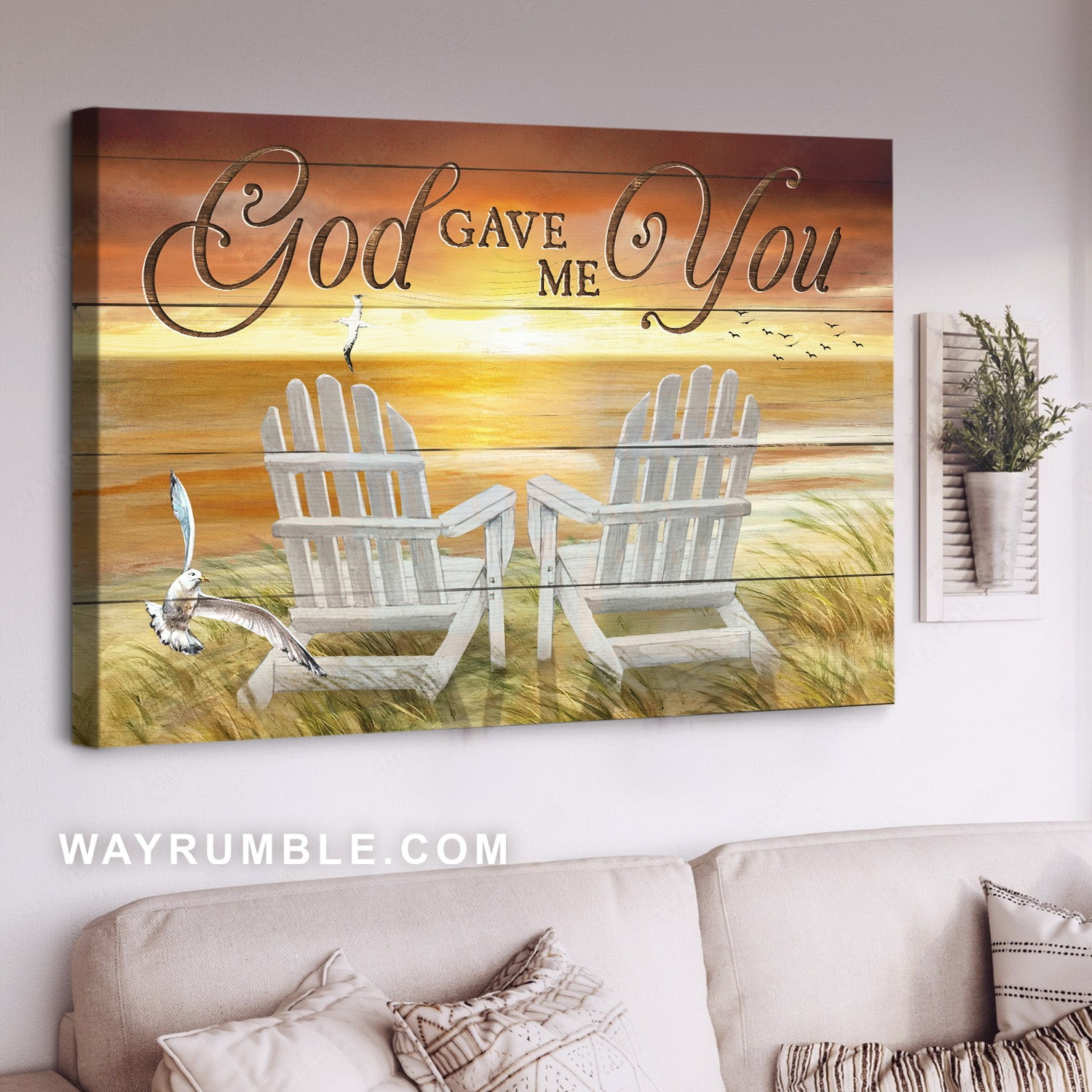 Stunning sunset, Wooden chairs, Lovely seagull, God gave me you - Jesus ...