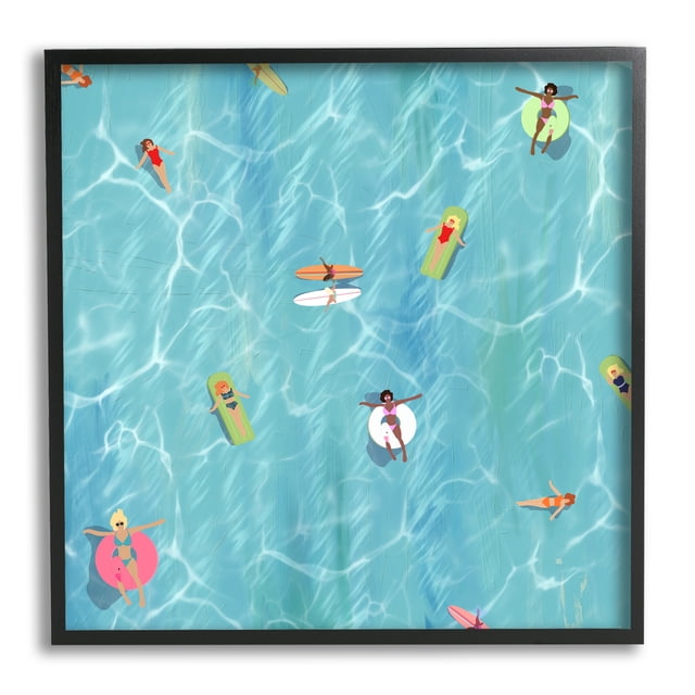 Stupell Aerial Summer View People Swimming Landscape Painting Black ...