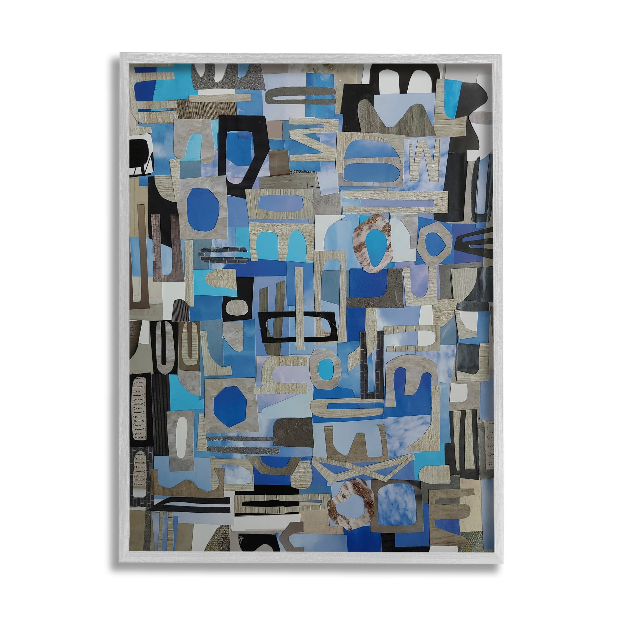 Stupell Blue Geometric Shapes Collage Abstract Painting Gray Framed Art ...