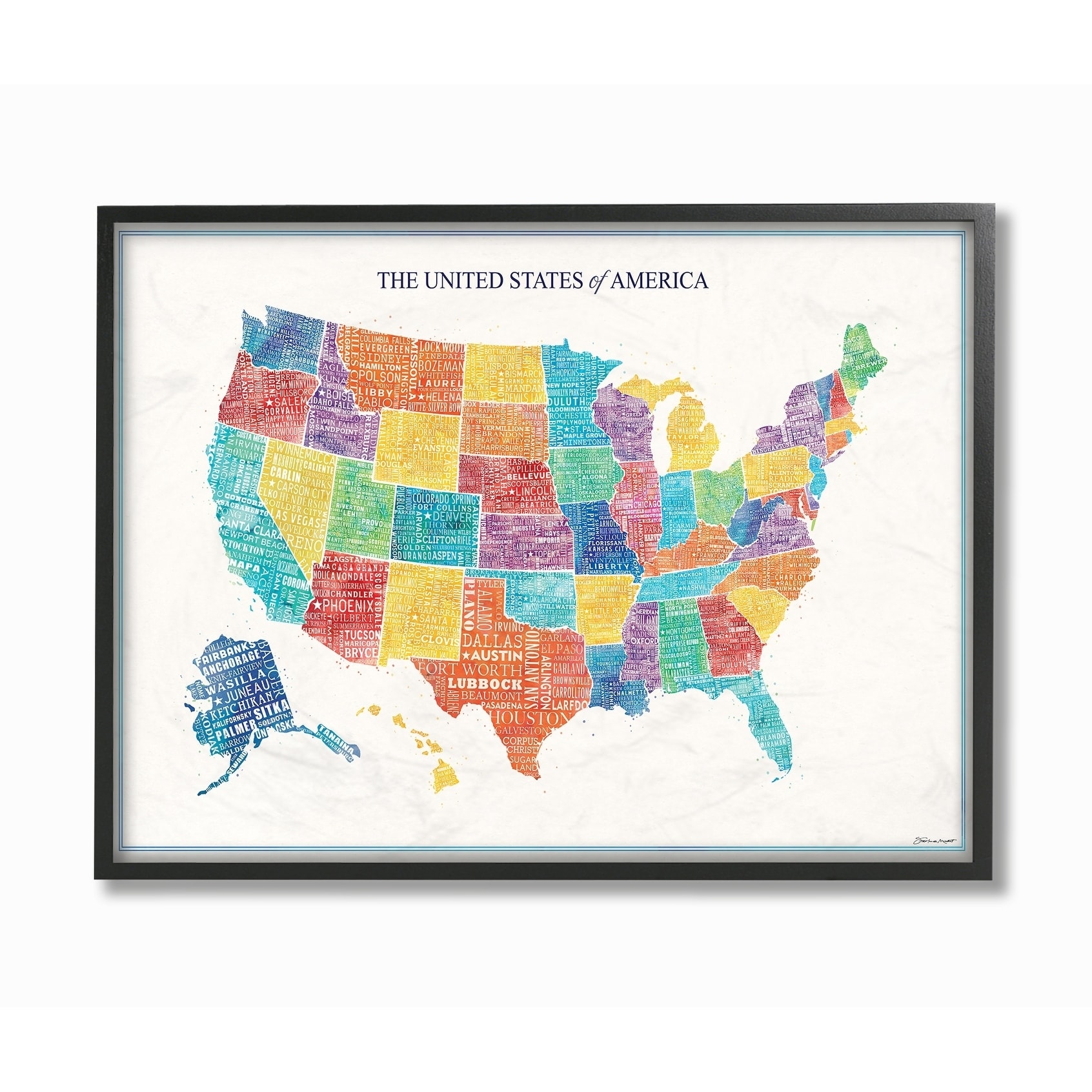 Stupell Bright Multicolored and Lettered US Map Framed Art, 11 x 14, Design By Artist Stephanie ...