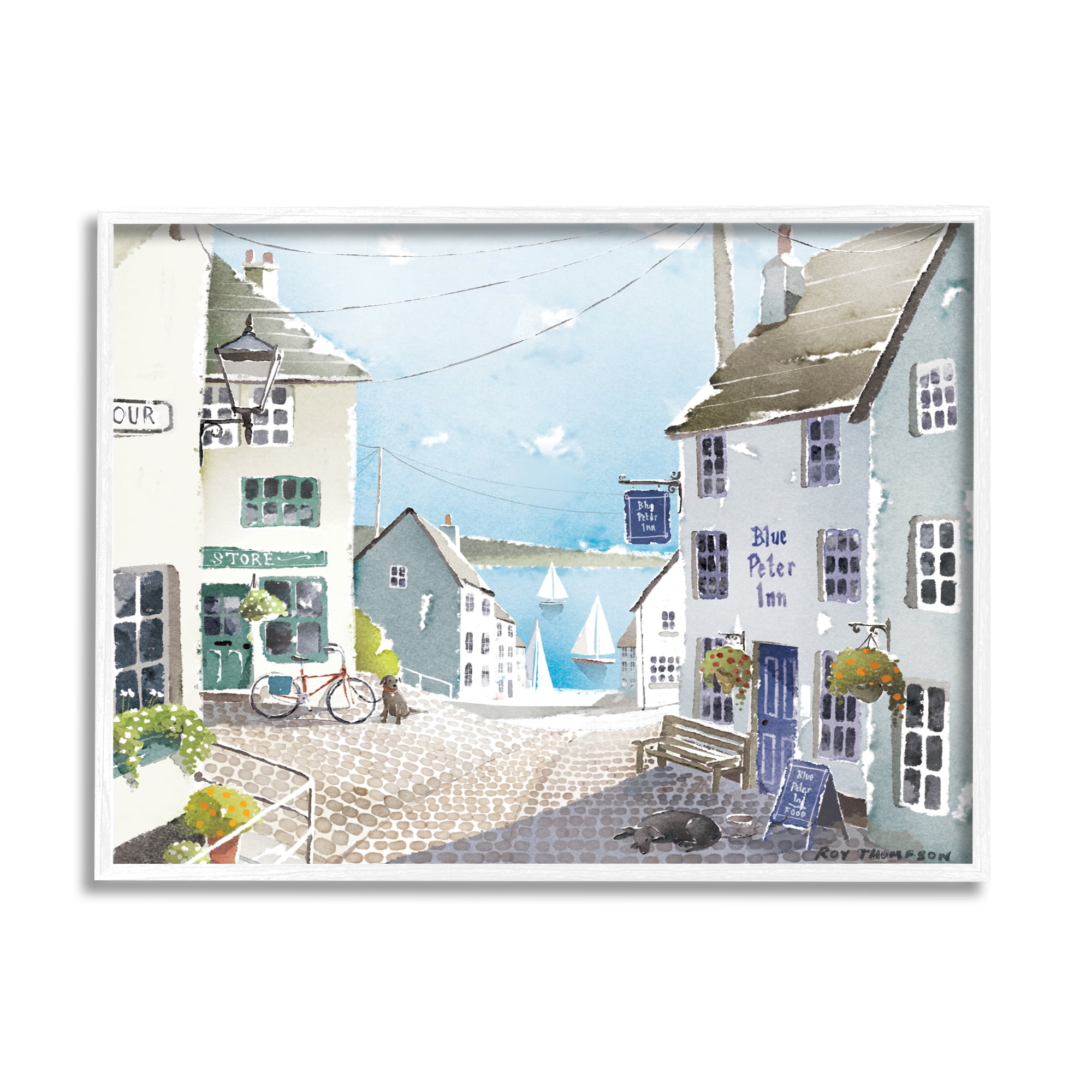 Stupell Coastal Town Seaport Sailboats Landscape Painting White Framed ...