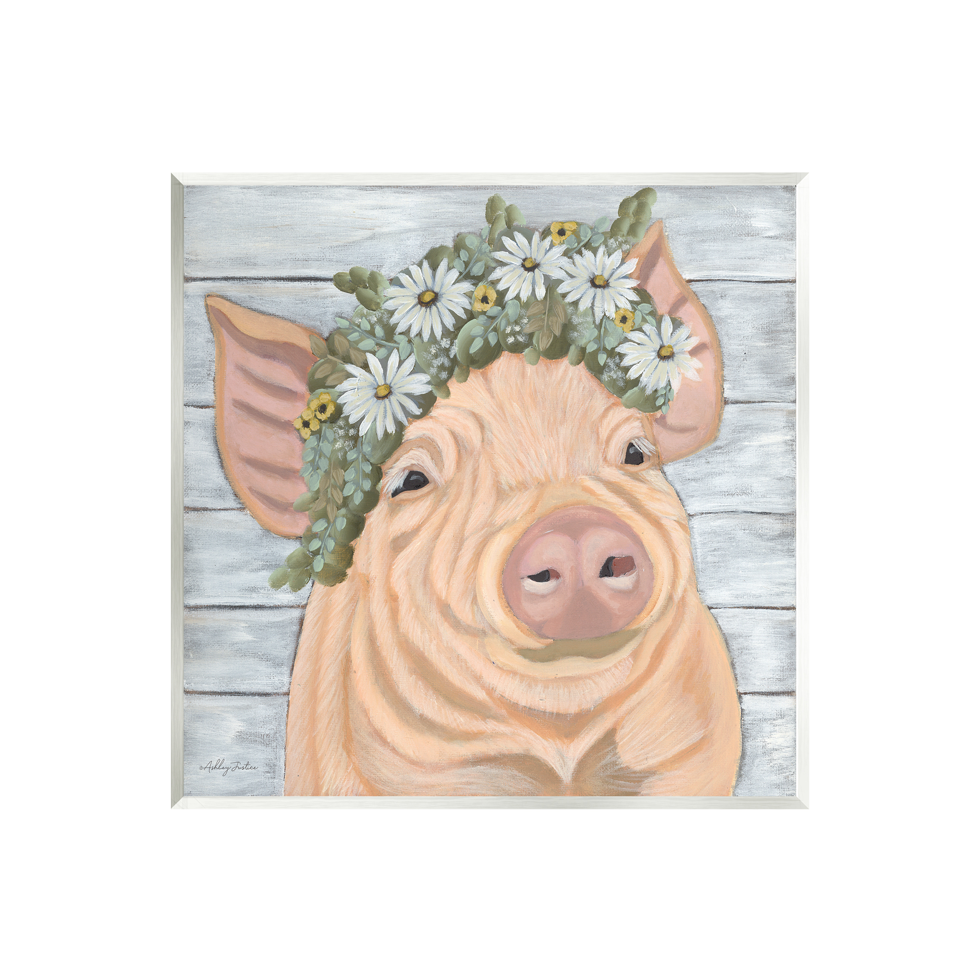 Stupell Happy Pig Daisy Blossom Crown Animals & Insects Painting Wall ...