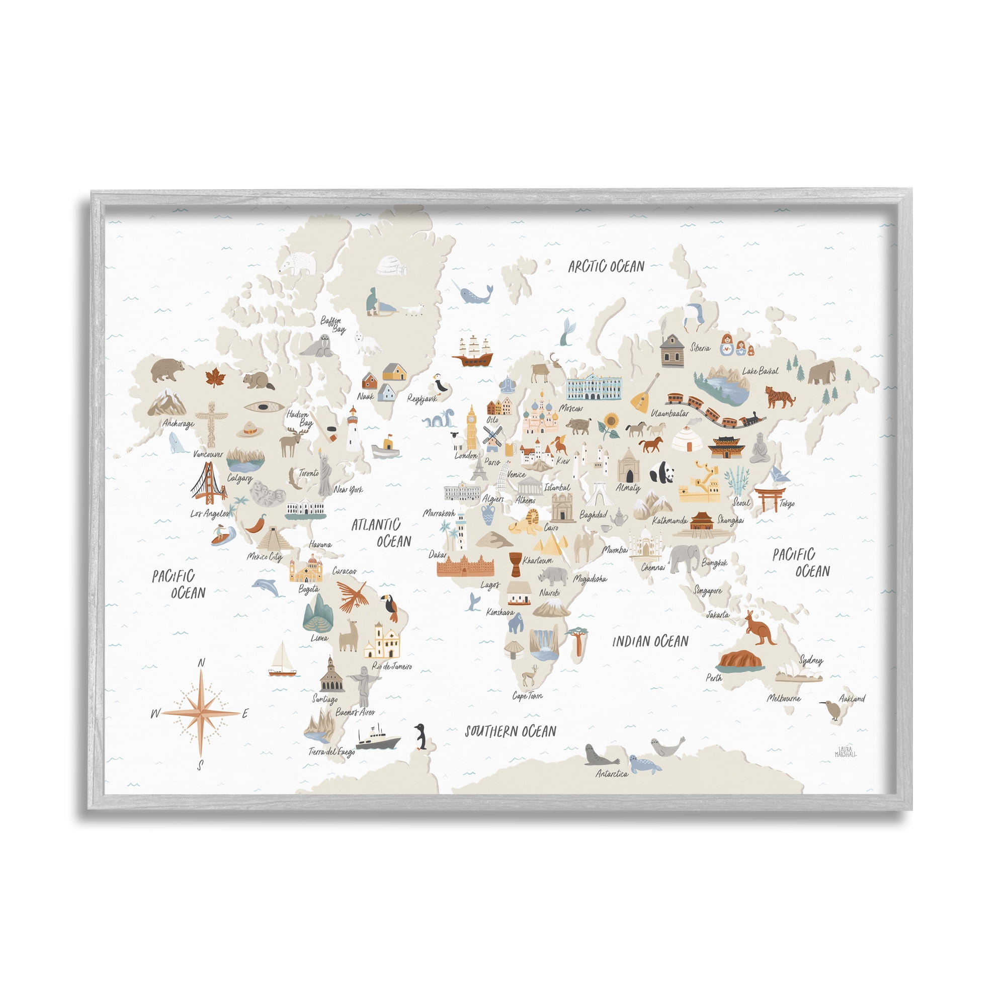 Stupell Indtries World Map of Destination Illtrations Soft Brown Tones ...